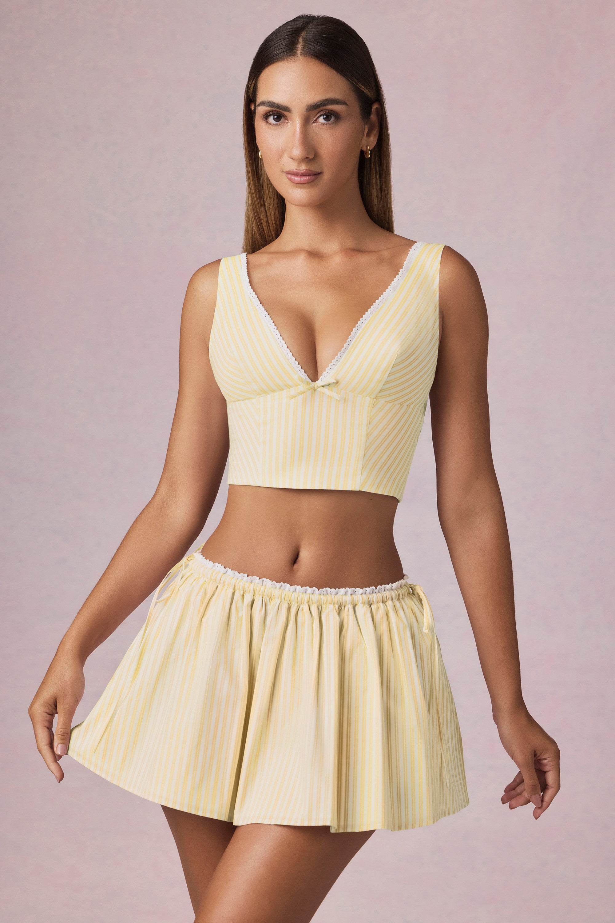 Maira Ruched Drawstring Mini Skirt in Lemon Yellow Stripe | Oh Polly