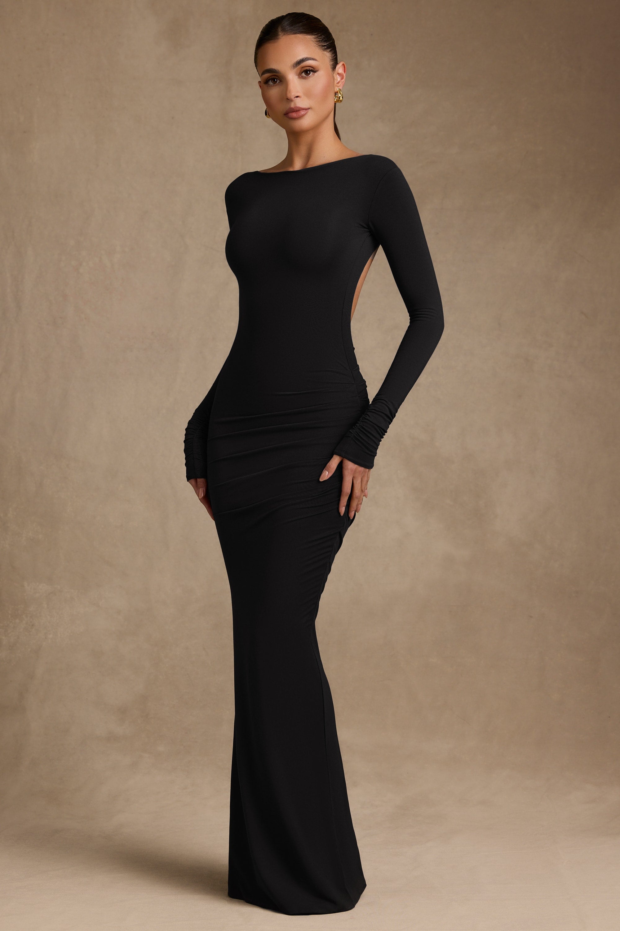 Regine Modal Ruched Backless Maxi Dress in Black | Oh Polly