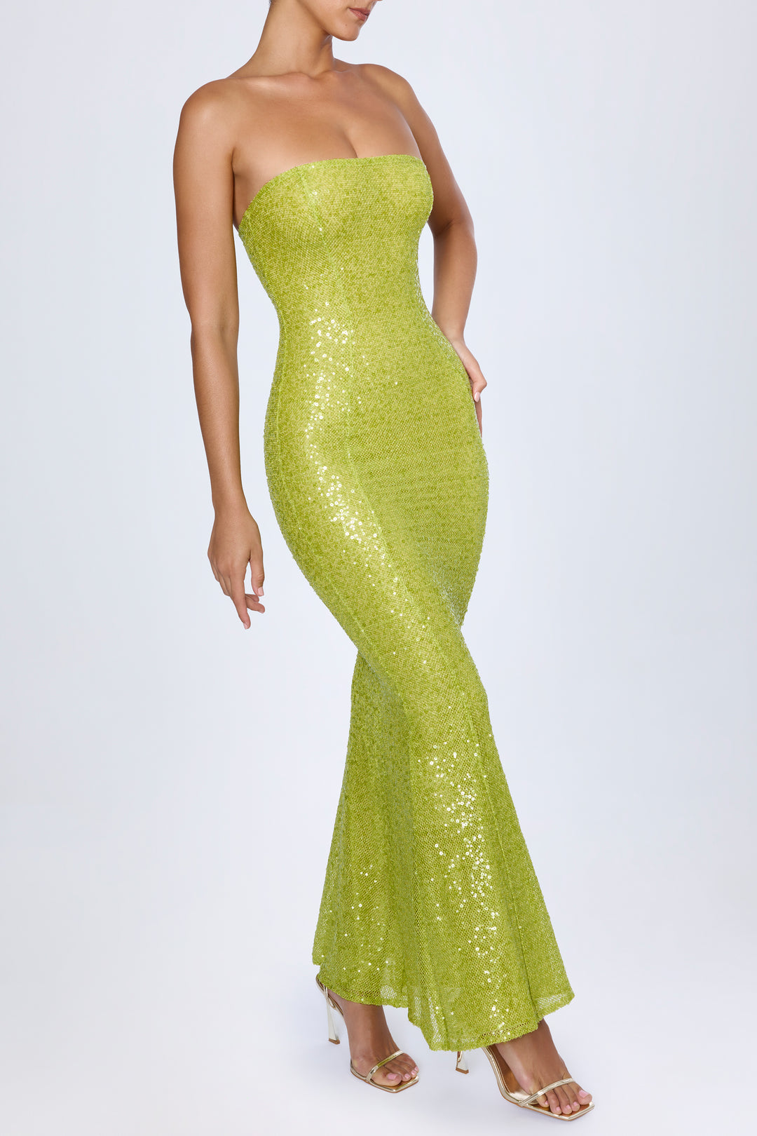 Kinsley Embellished Cut-Out Bandeau Maxi Dress in Pear Green | Oh Polly