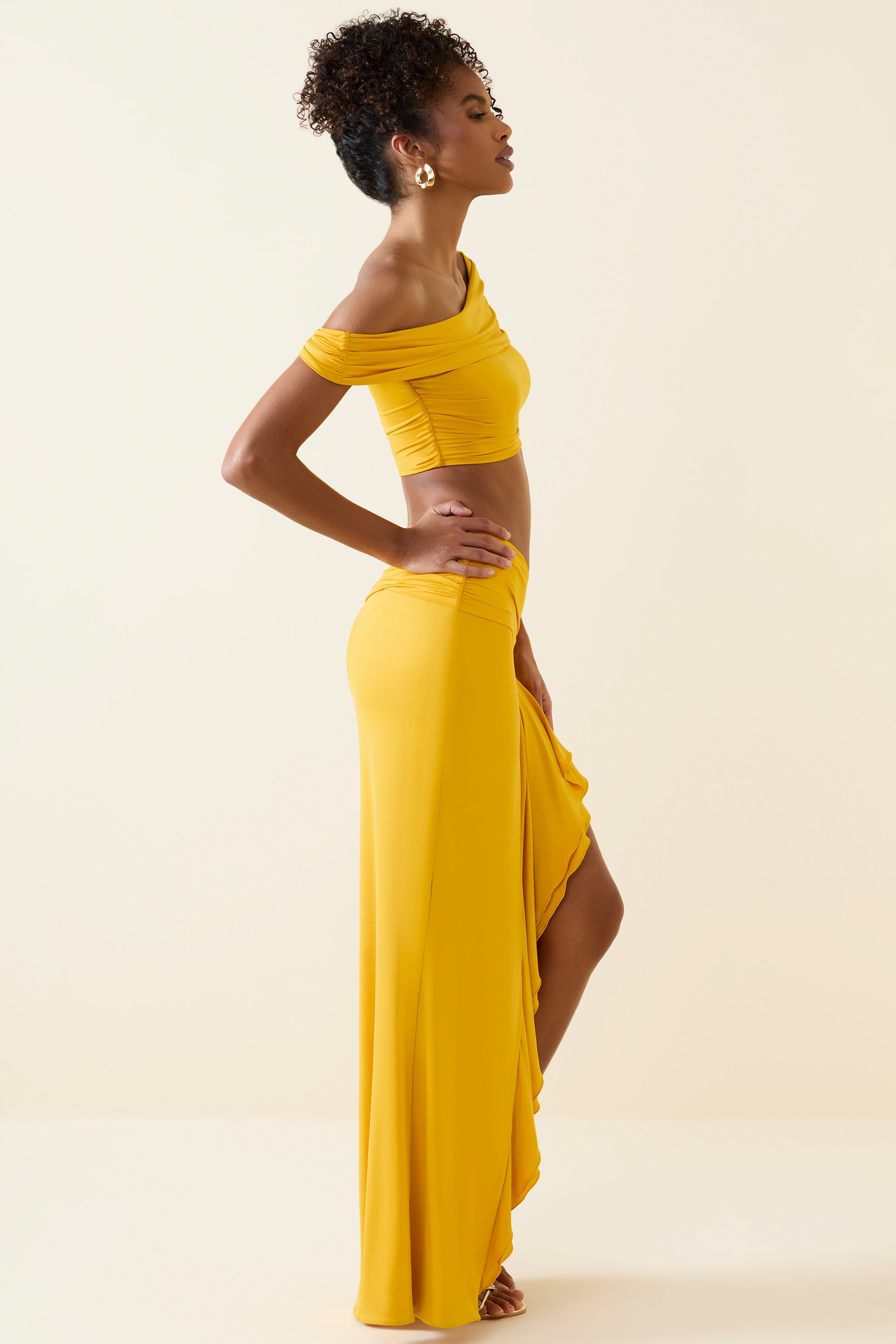 Imaan Asymmetric Ruffled Low-Rise Maxi Skirt in Golden Yellow | Oh Polly