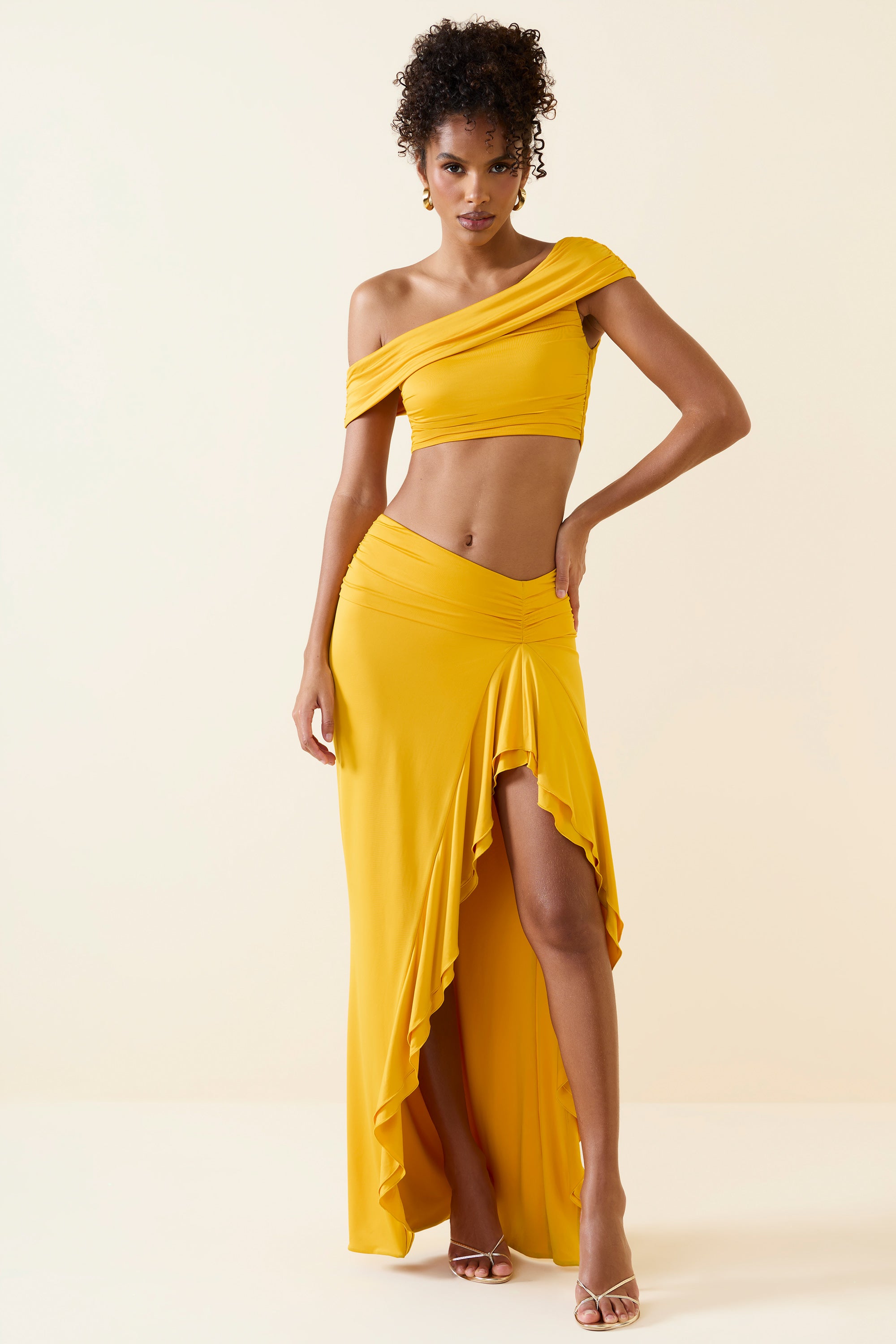 Imaan Asymmetric Ruffled Low-Rise Maxi Skirt in Golden Yellow | Oh Polly