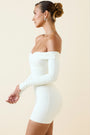 Aarti Off-Shoulder Ruched Bodycon Mini Dress in Vanilla | Oh Polly