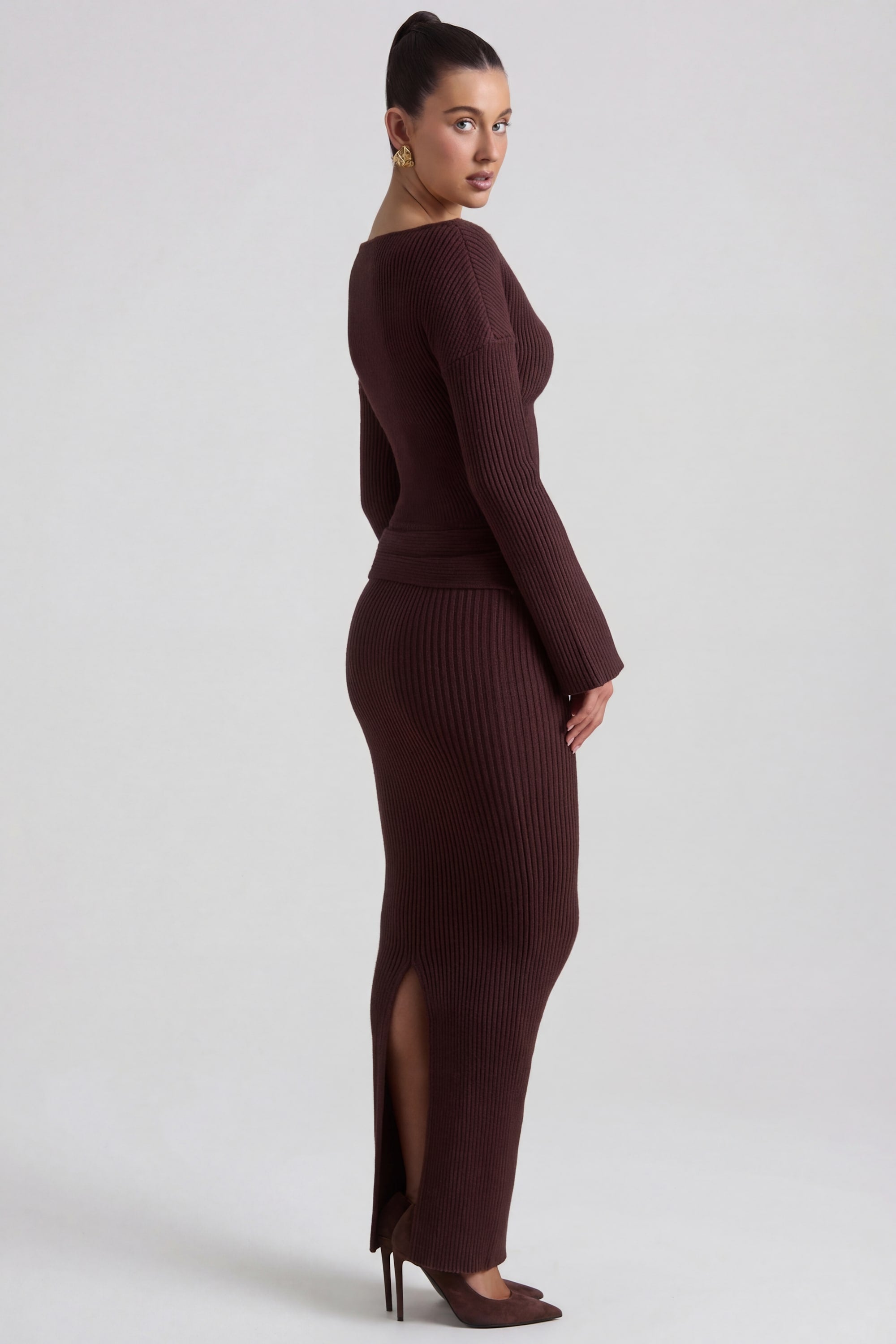 Edalene Ribbed-Knit Foldover Maxi Skirt in Espresso | Oh Polly