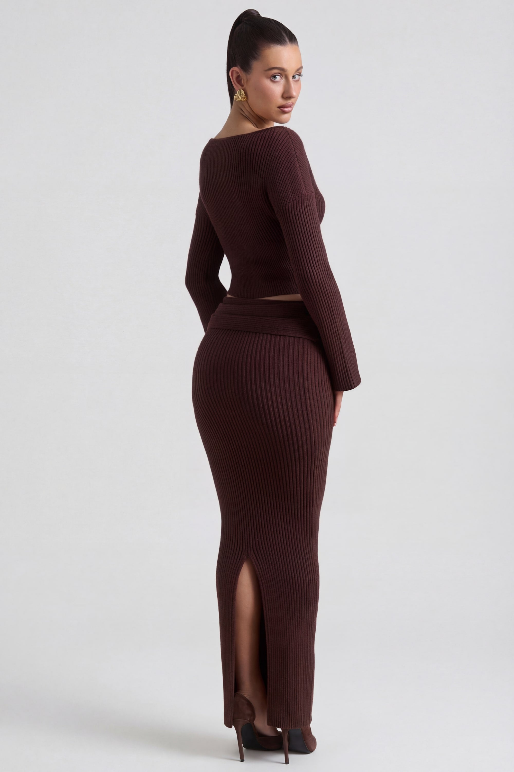 Edalene Ribbed-Knit Foldover Maxi Skirt in Espresso | Oh Polly