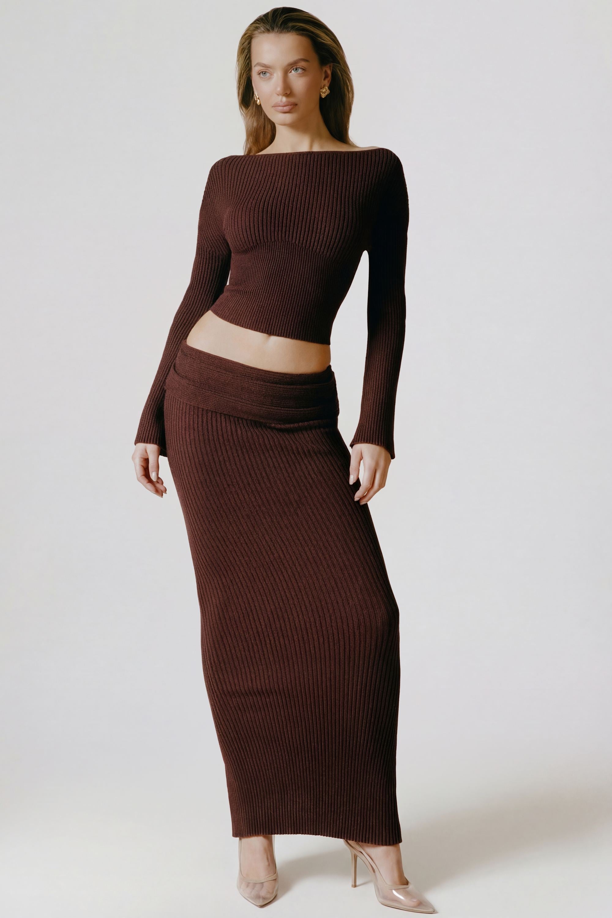 Edalene Ribbed-Knit Foldover Maxi Skirt in Espresso | Oh Polly