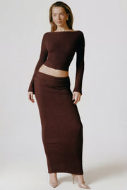 Edalene Ribbed-Knit Foldover Maxi Skirt in Espresso | Oh Polly