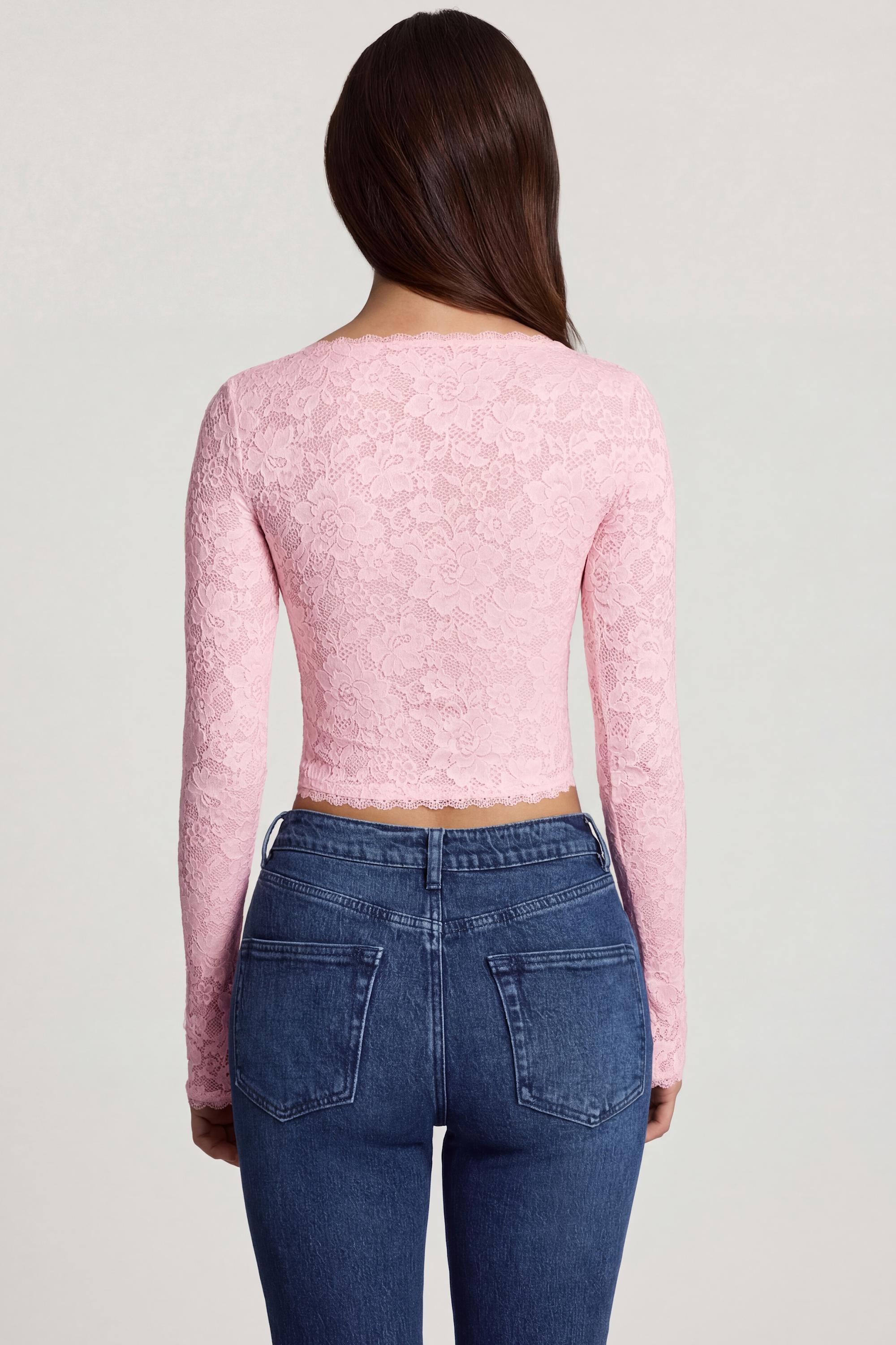 Lioren Plunge-Neck Long-Sleeve Lace Top in Pink | Oh Polly