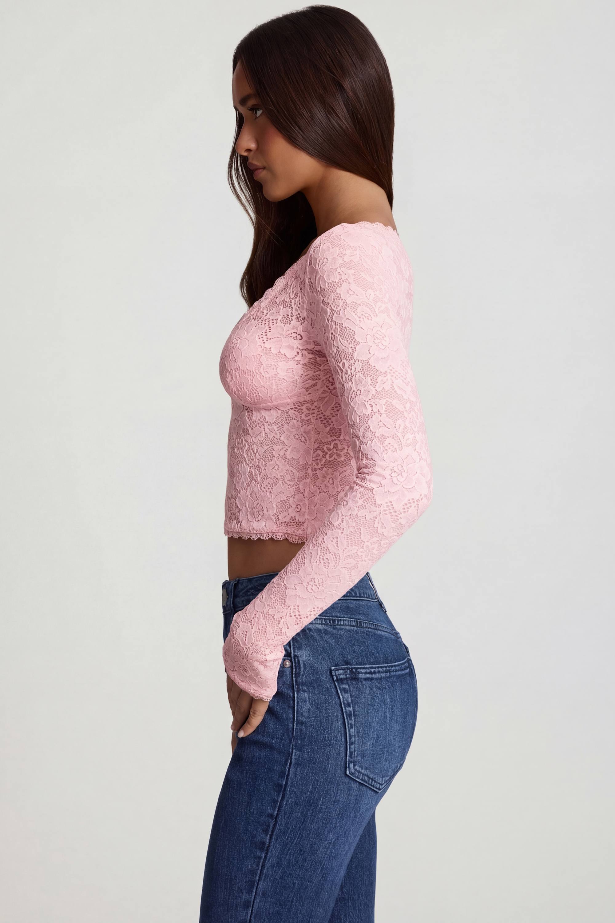 Lioren Plunge-Neck Long-Sleeve Lace Top in Pink | Oh Polly