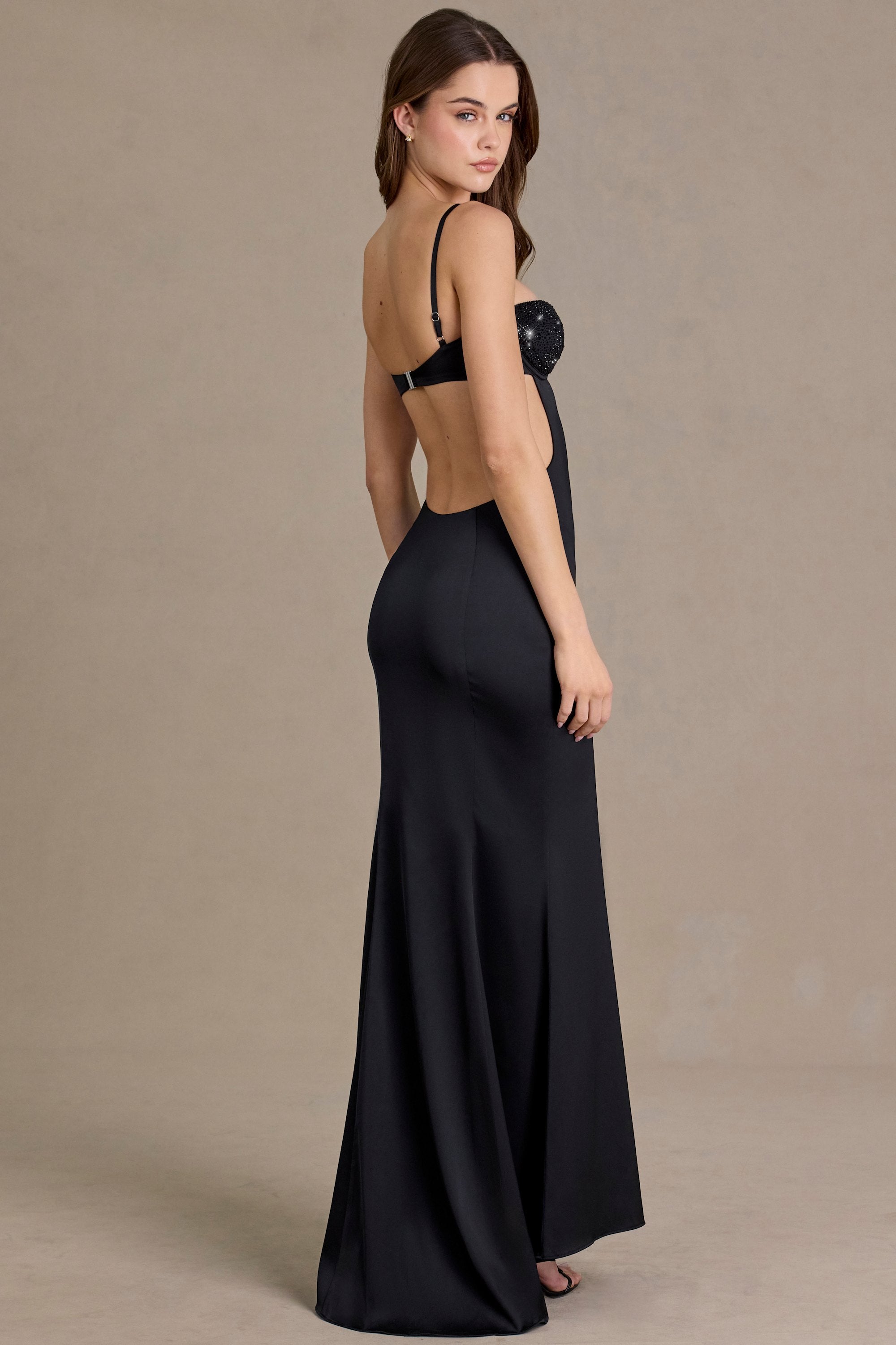 Fleurine Premium Satin Embellished Bralette Gown in Black | Oh Polly