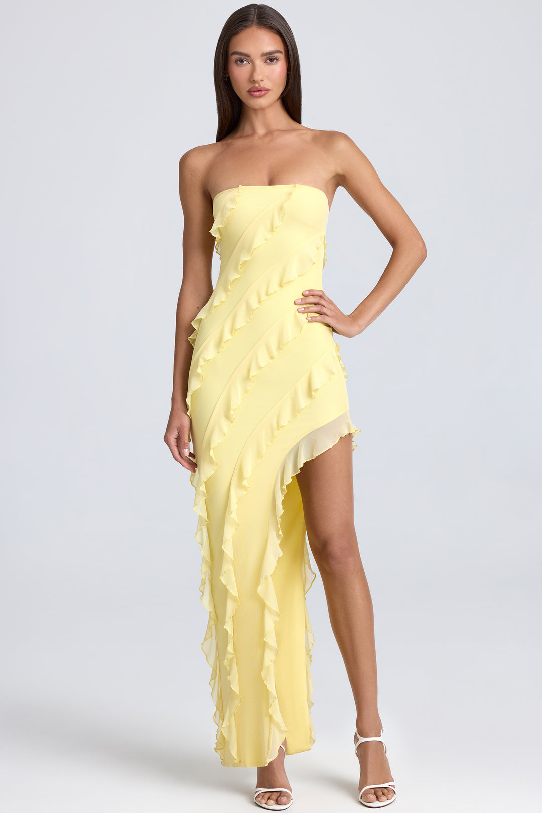 Nevali Bandeau Ruffle-Trim Maxi Dress in Lemon Sherbet | Oh Polly