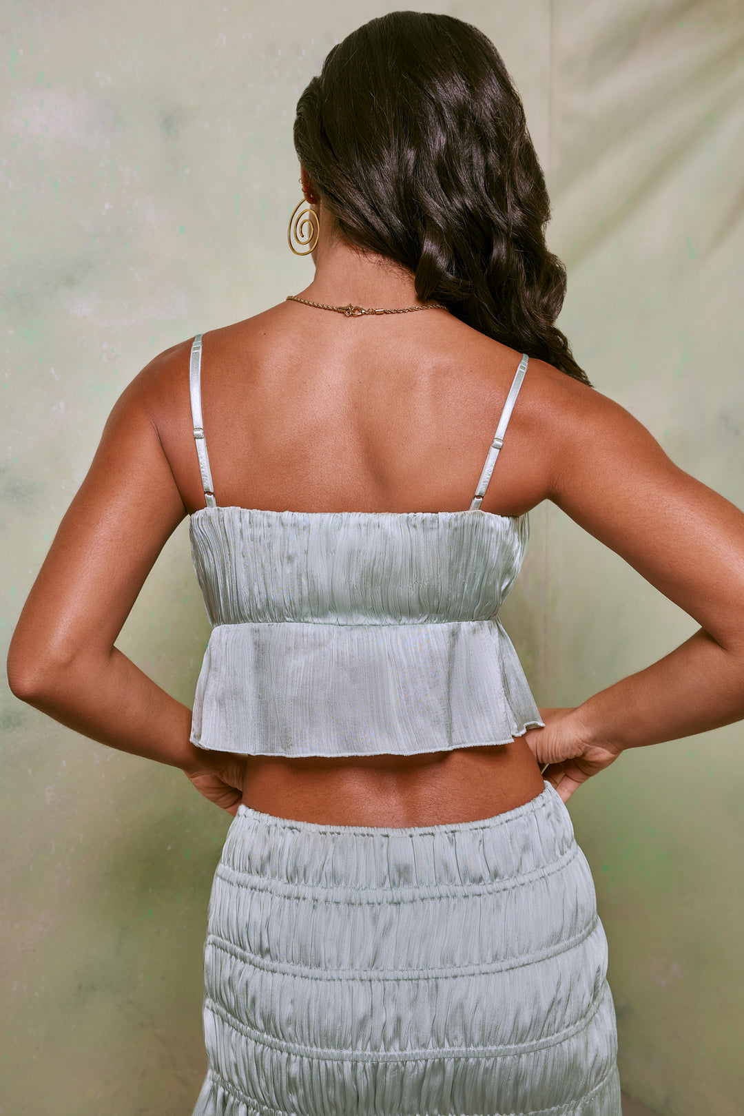Dina Shirred Tie Up Front Crop Top in Pastel Green | Oh Polly