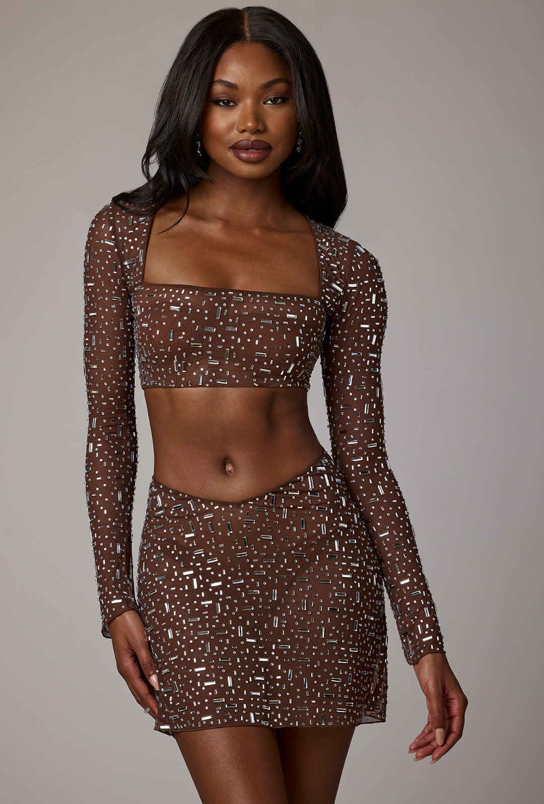 Guilia Sheer Embellished Long Sleeve Square Neck Crop Top in Deep Cocoa | Oh Polly