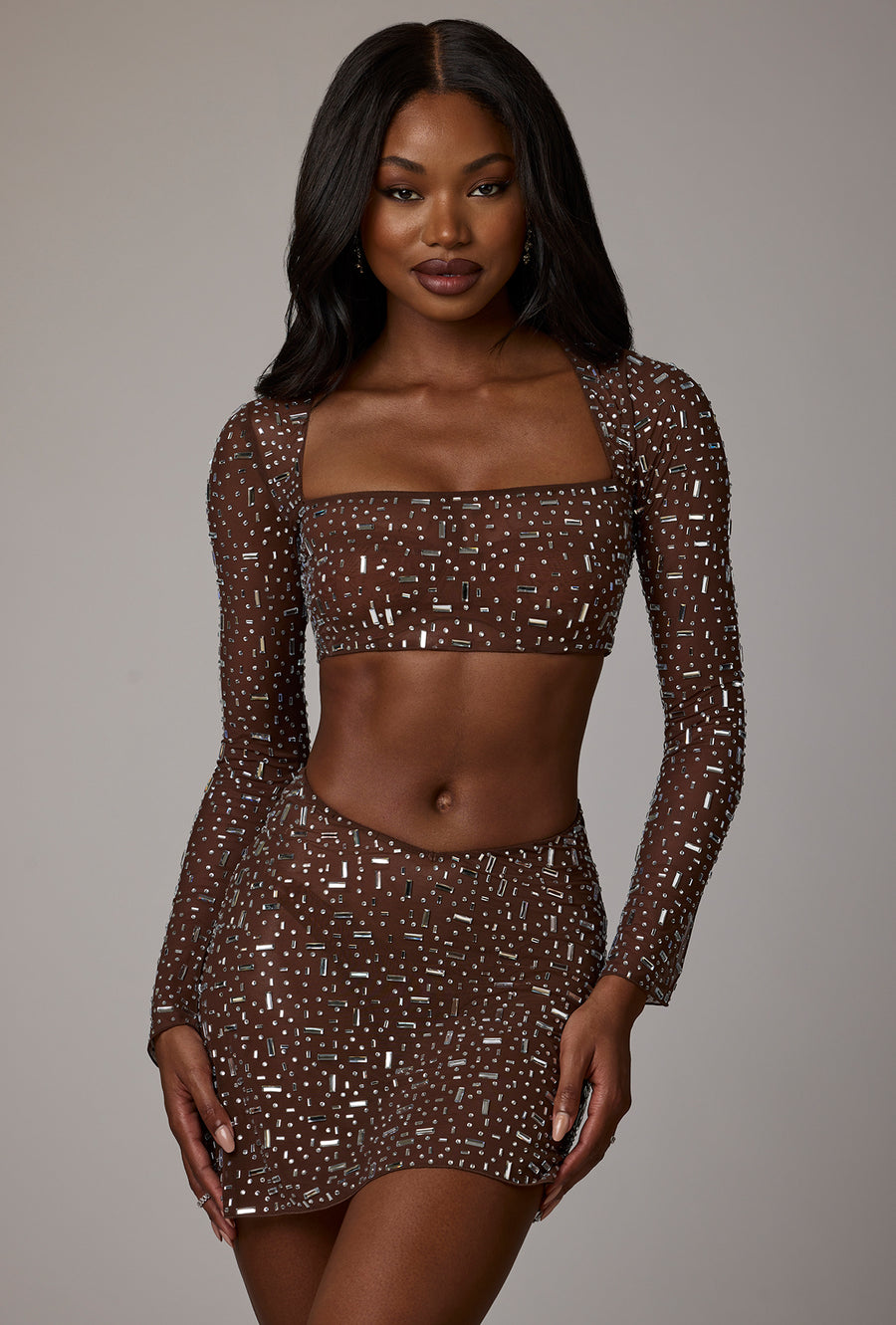 Guilia Sheer Embellished Long Sleeve Square Neck Crop Top in Deep Cocoa | Oh Polly