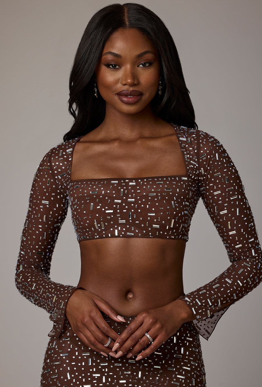 Guilia Sheer Embellished Long Sleeve Square Neck Crop Top in Deep Cocoa | Oh Polly