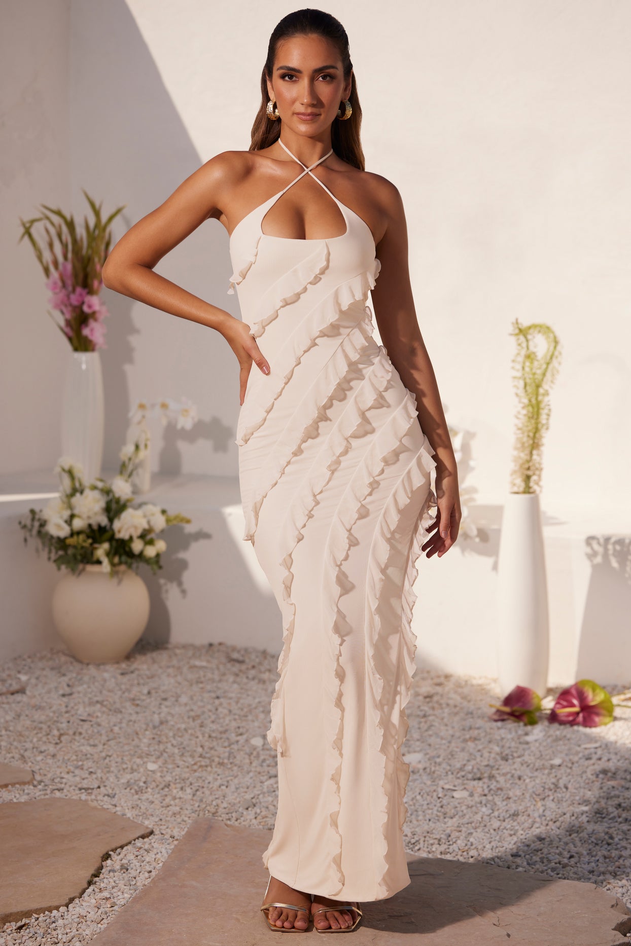 Calico Cross Strap Ruffle Floor Length Dress in Ivory | Oh Polly