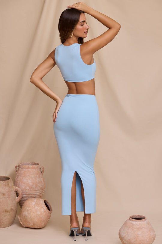 Carilla Mid Rise Twist Maxi Skirt in Sky Blue | Oh Polly