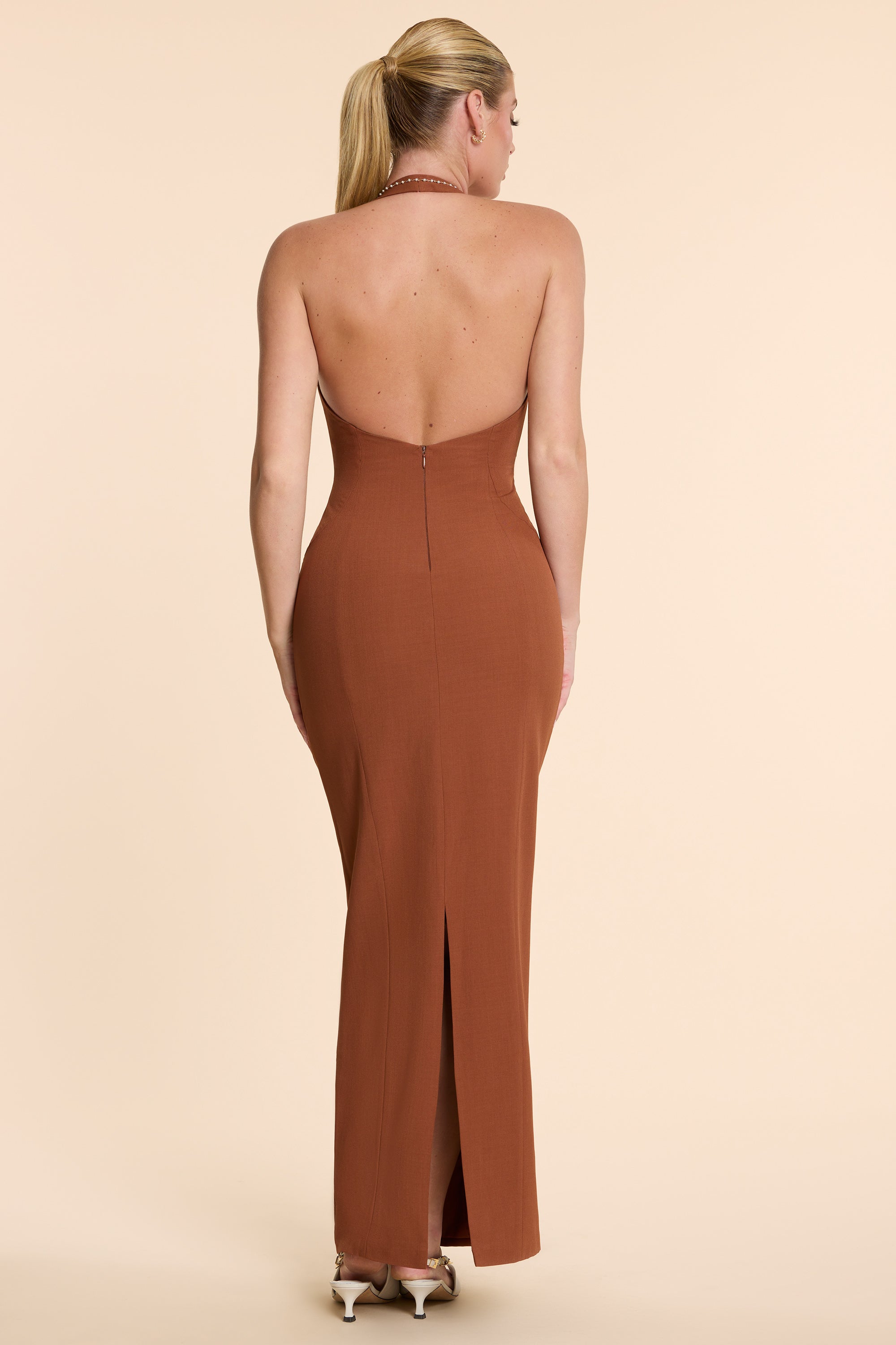 Demeter Woven Twill Halter Neck Plunge Maxi Dress in Chestnut Brown ...