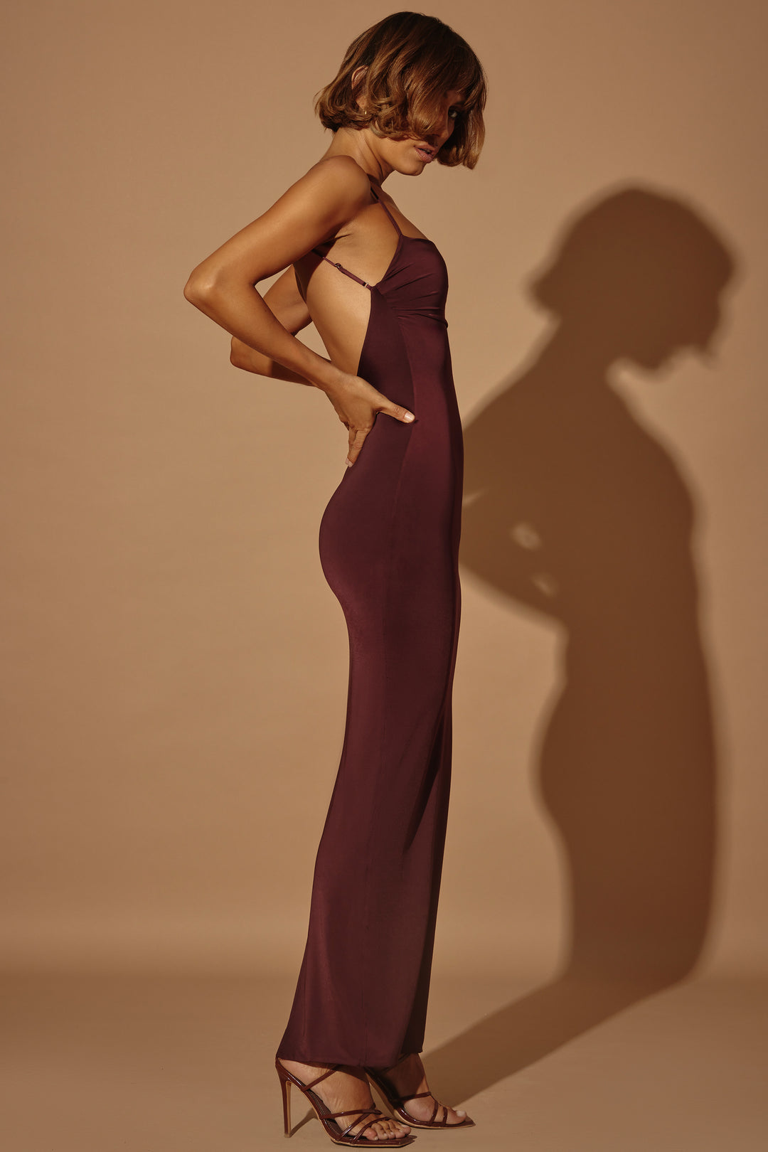 Ryatt Ruched Bodycon Maxi Dress in Brown | Oh Polly