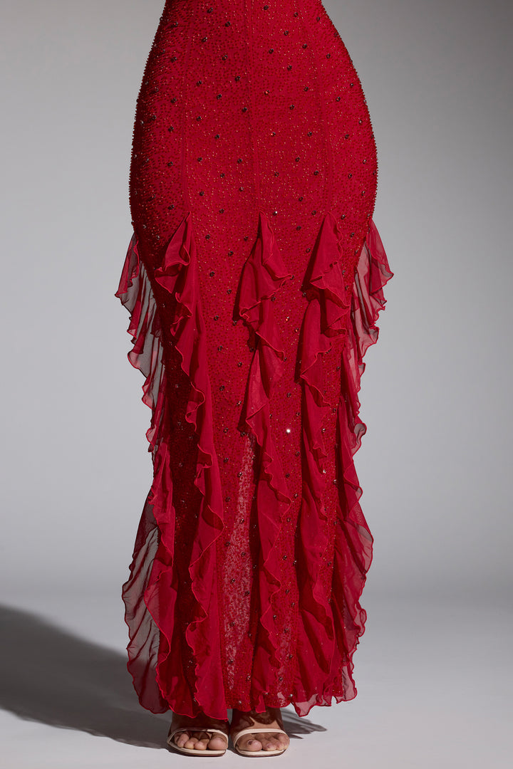 Anley Embellished Halter Neck Ruffle Maxi Dress in Red | Oh Polly