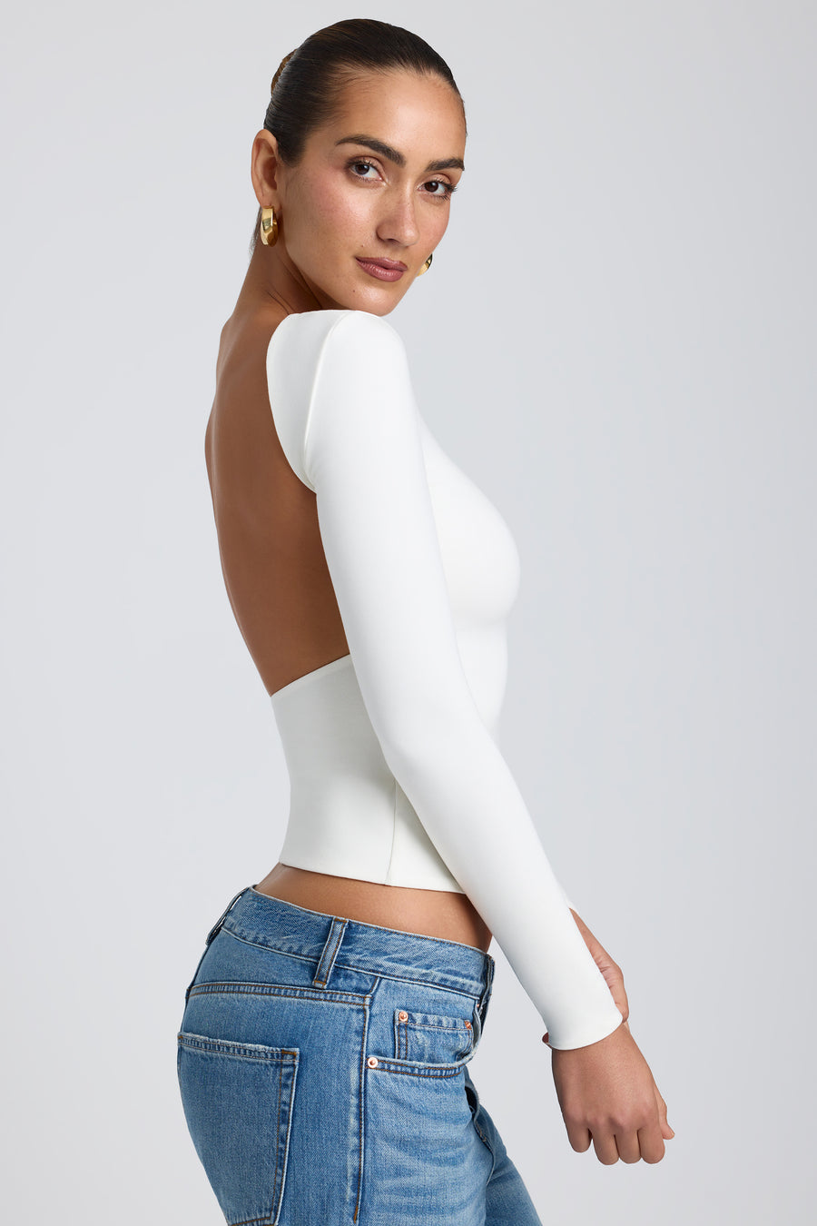 Elli Modal High Neck Long Sleeve Open Back Top in White | Oh Polly