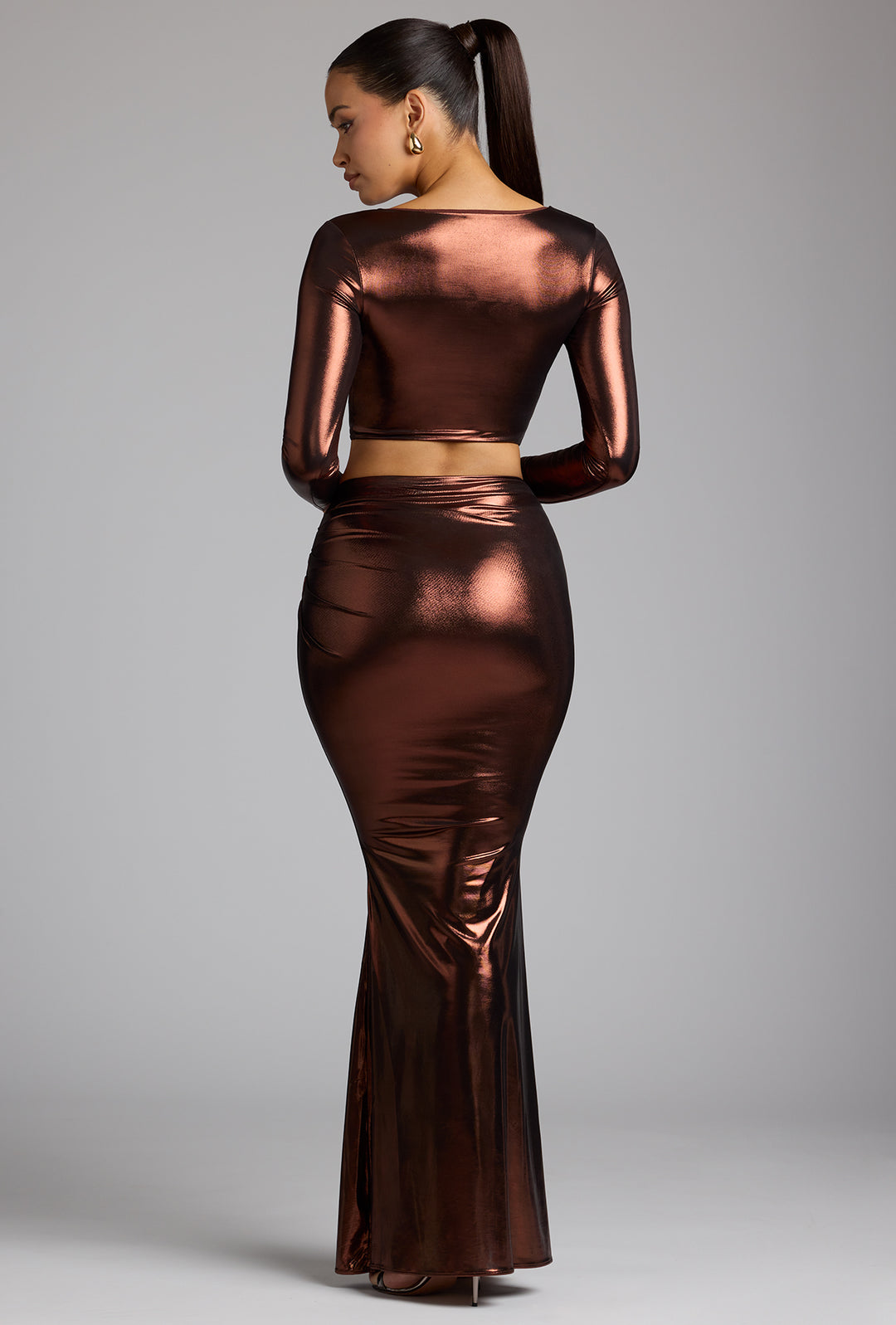 Rana Plunge Neck Metallic Jersey Crop Top in Copper Bronze | Oh Polly
