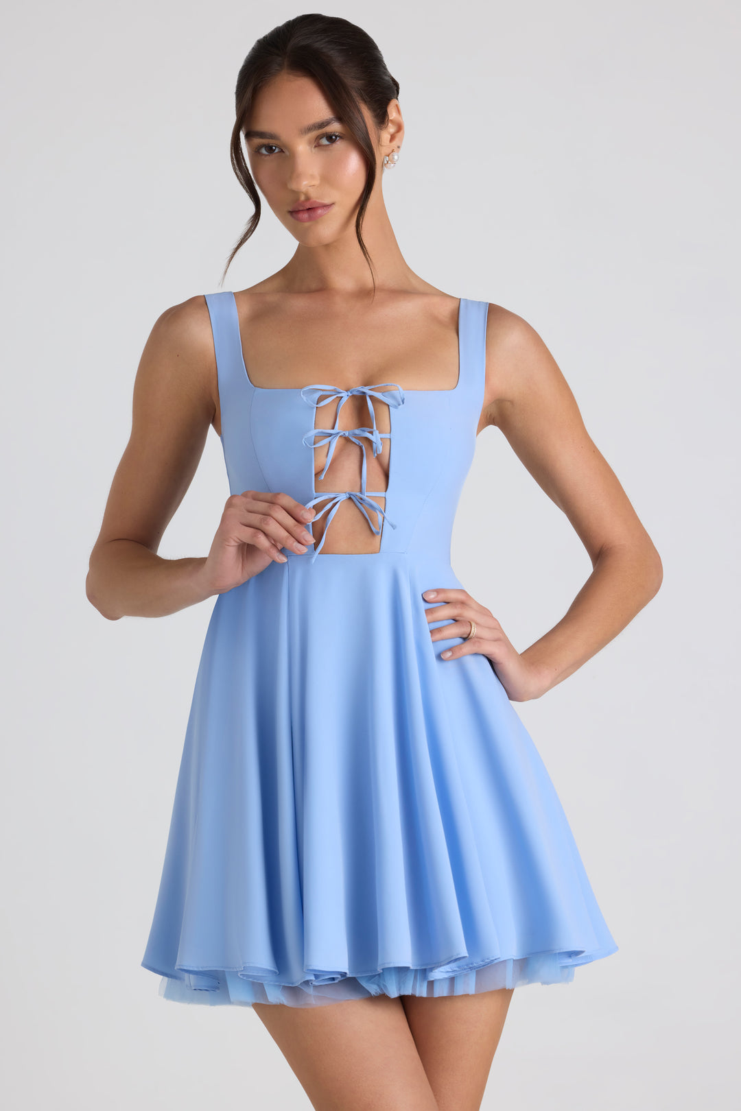 Nanisca Tie-Detail A-Line Micro Mini Dress in Sky Blue | Oh Polly