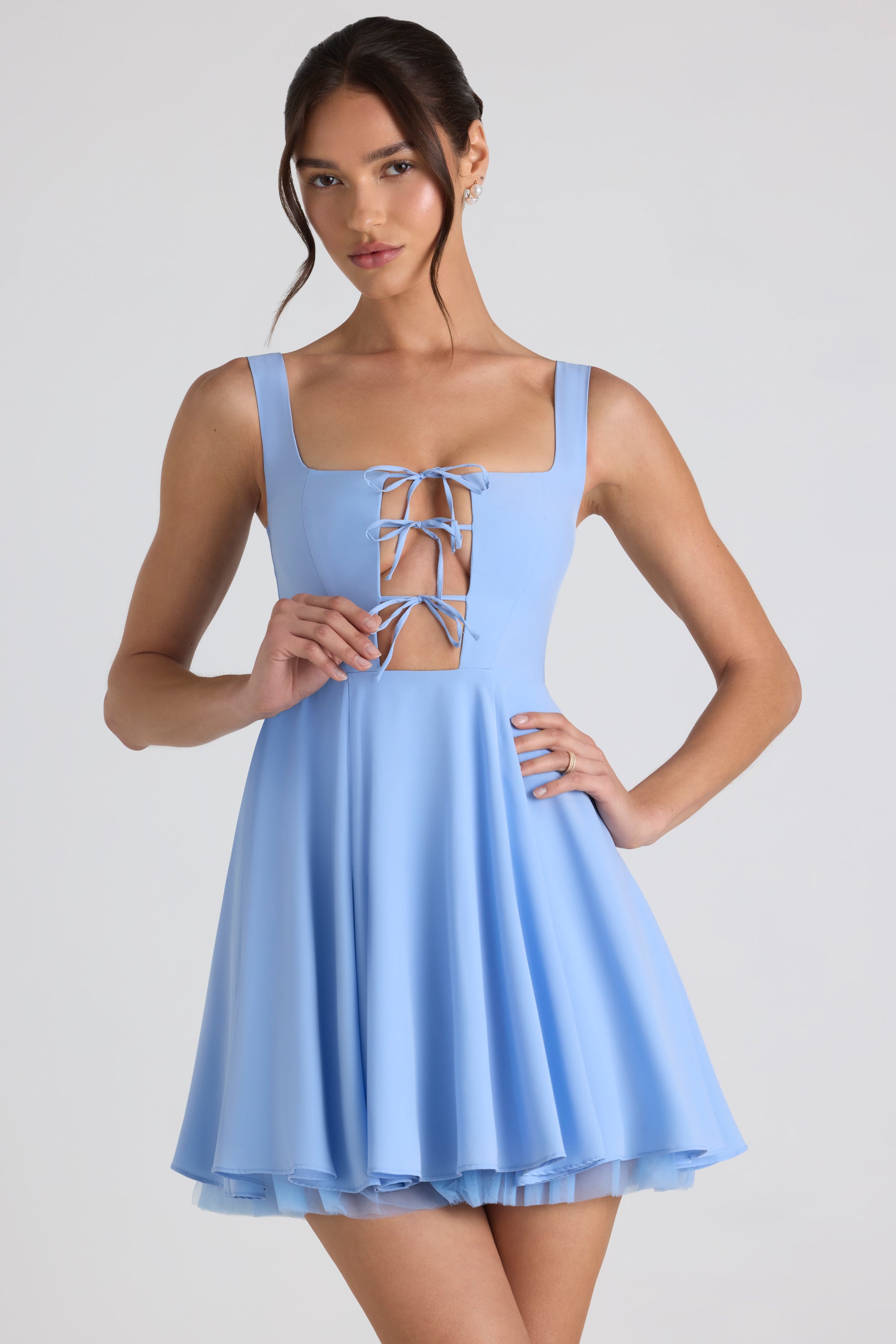Nanisca Tie-Detail A-Line Micro Mini Dress in Sky Blue | Oh Polly
