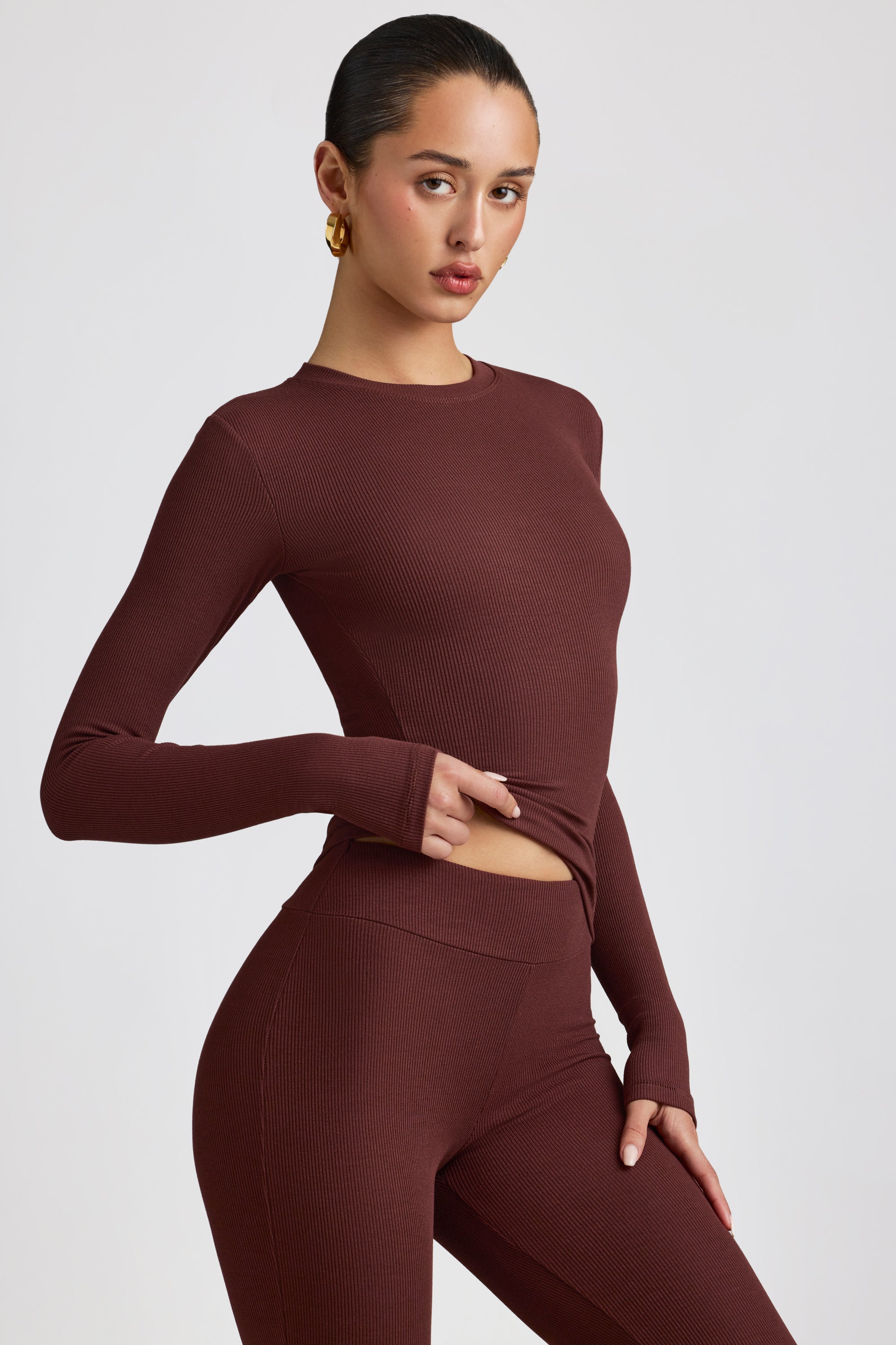 Clio Ribbed Modal Long Sleeve Crew Neck Top in Espresso | Oh Polly