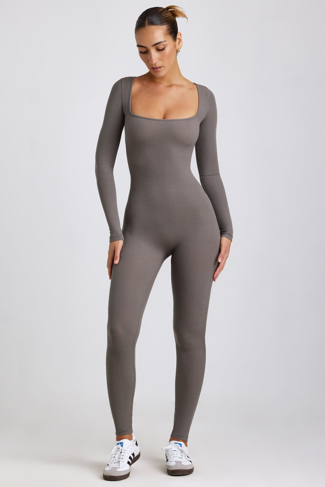 Iris Tall Ribbed Modal Long Sleeve Square Neck Jumpsuit in Grey | Oh Polly