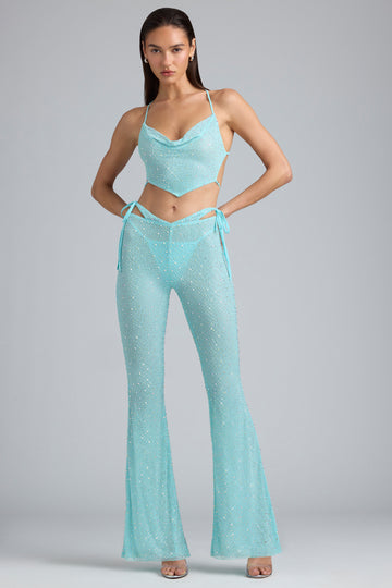 Ruby Embellished Cut-Out Flared Trousers in Ice Blue | Oh Polly