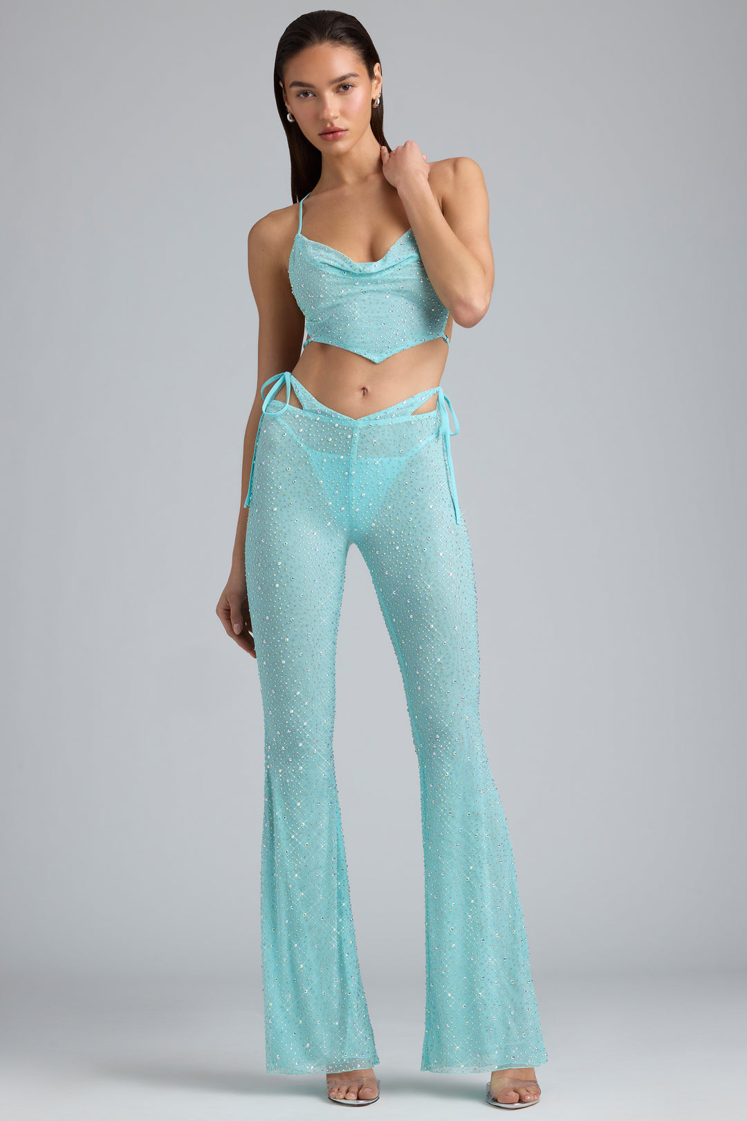Ruby Embellished Cut-Out Flared Trousers in Ice Blue | Oh Polly