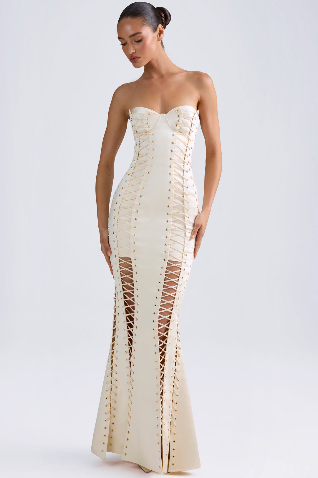 Callidora Lace-Up Corset Gown in Ivory | Oh Polly