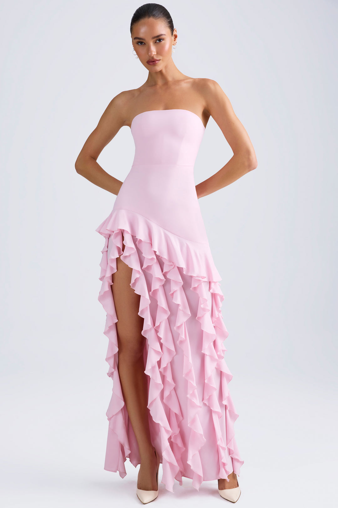 Diletta Ruffle-Trim Strapless Gown in Light Pink | Oh Polly