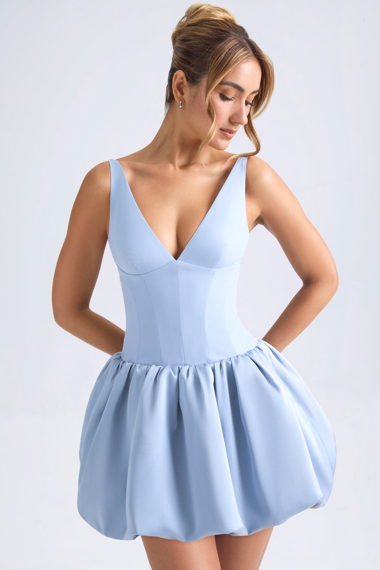 Anahita Lace-Up Bubble Hem Corset Micro Mini Dress in Light Blue | Oh Polly