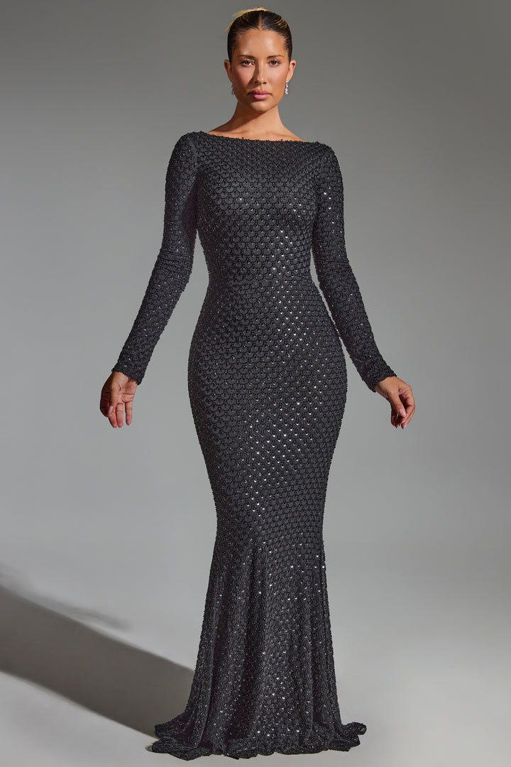 Jailene Embellished Open-Back Gown in Black | Oh Polly