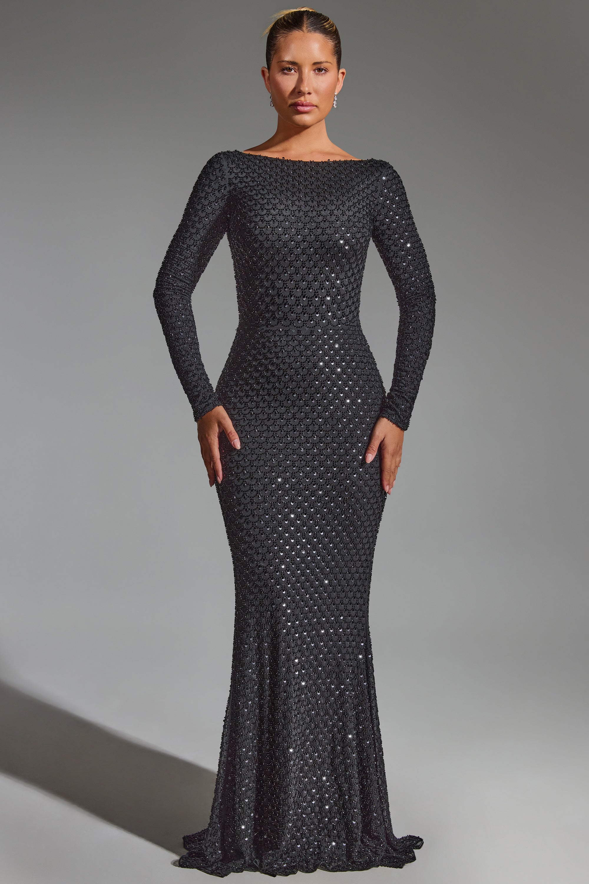 Jailene Embellished Open-Back Gown in Black | Oh Polly