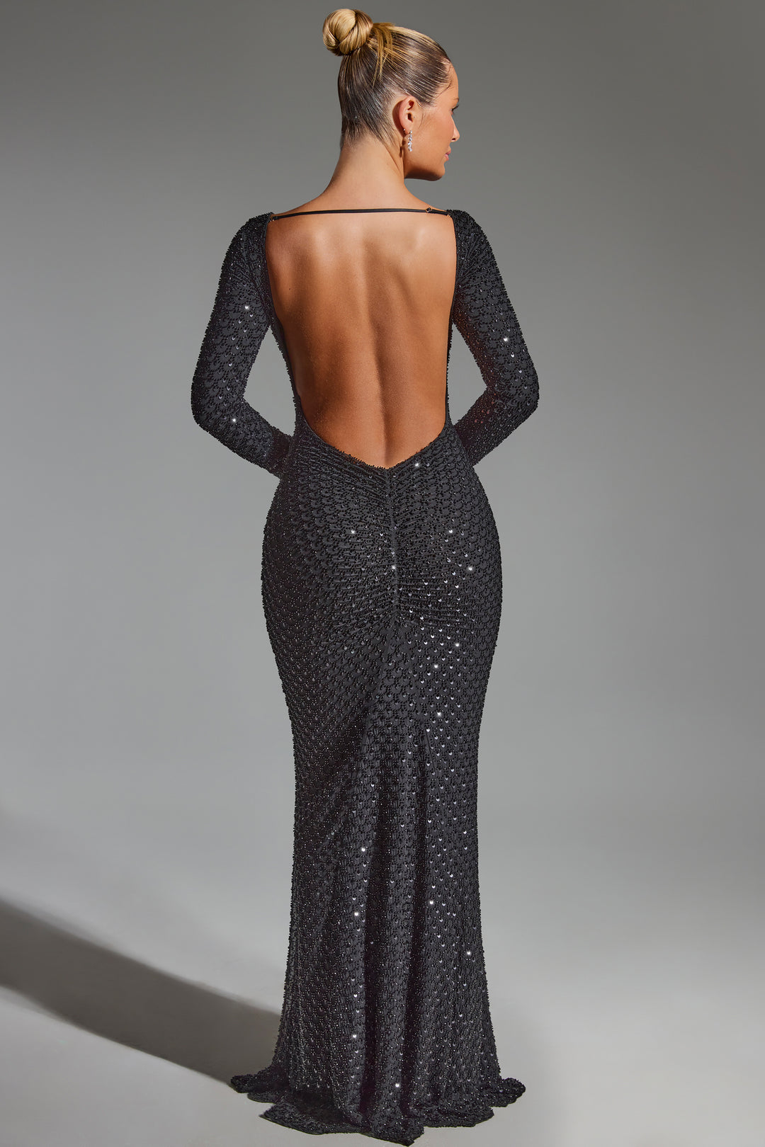 Jailene Embellished Open-Back Gown in Black | Oh Polly