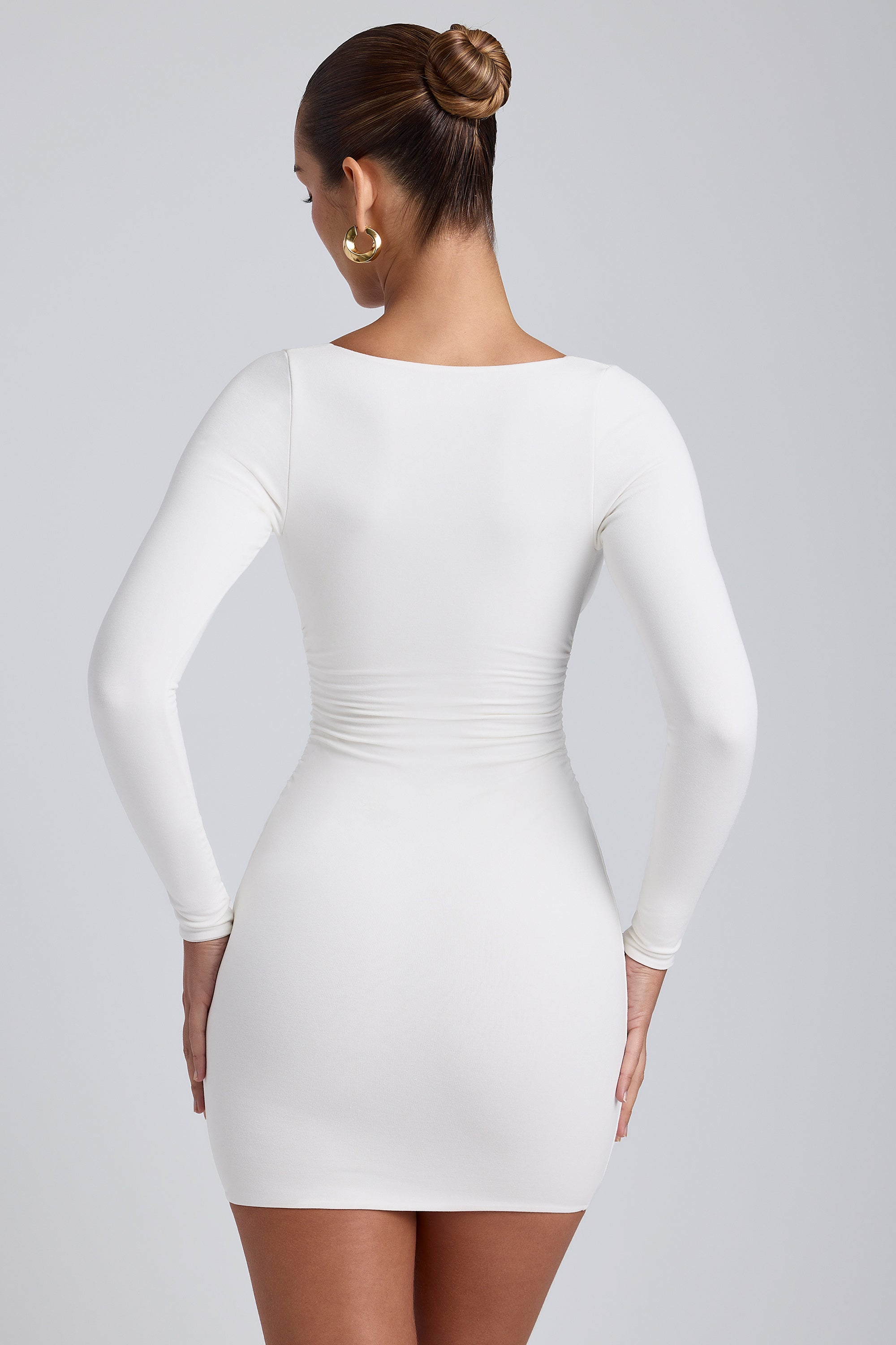 Sana Modal Ruched Long-Sleeve Mini Dress in White | Oh Polly