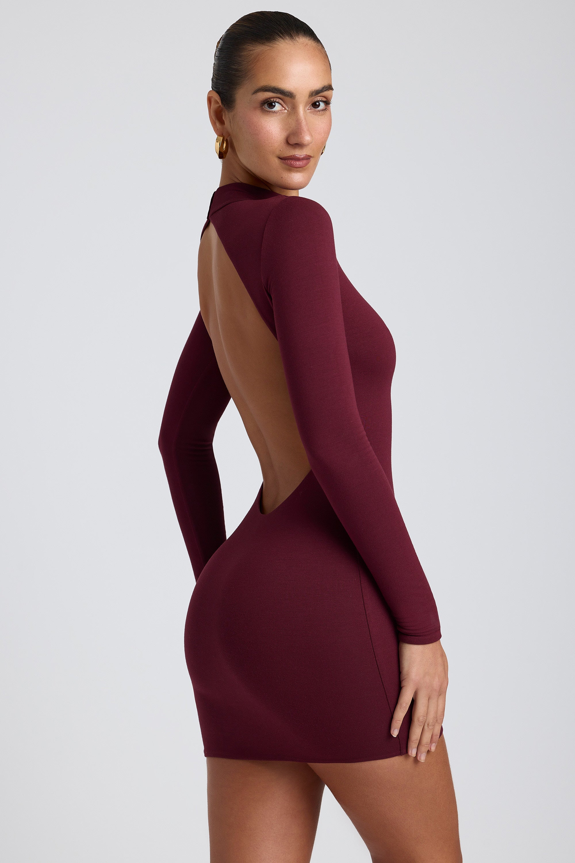 Yara Open-Back Long-Sleeve Mini Dress in Plum | Oh Polly