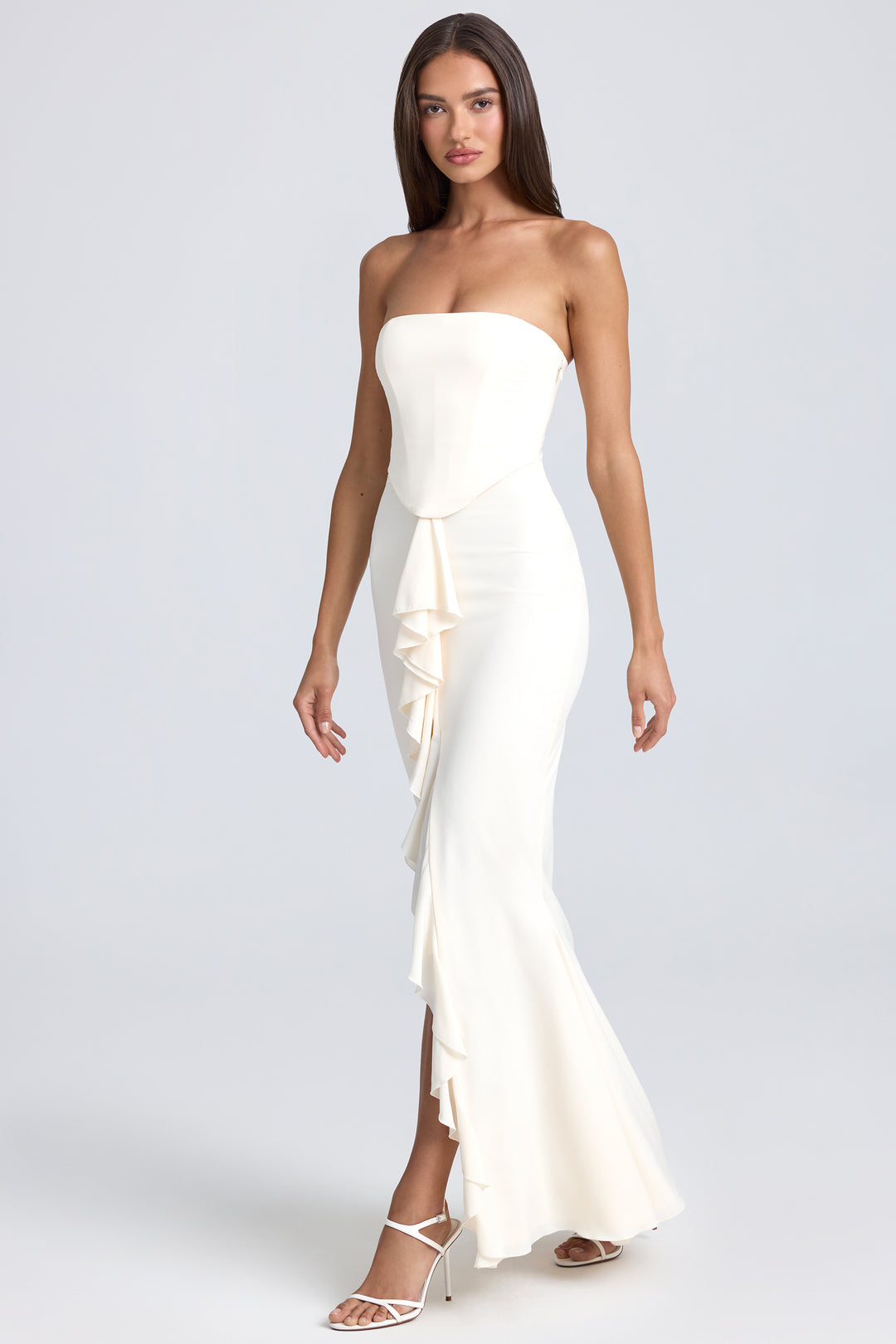 Bandeau Ruffle-Trim Corset Gown in Ivory | Oh Polly