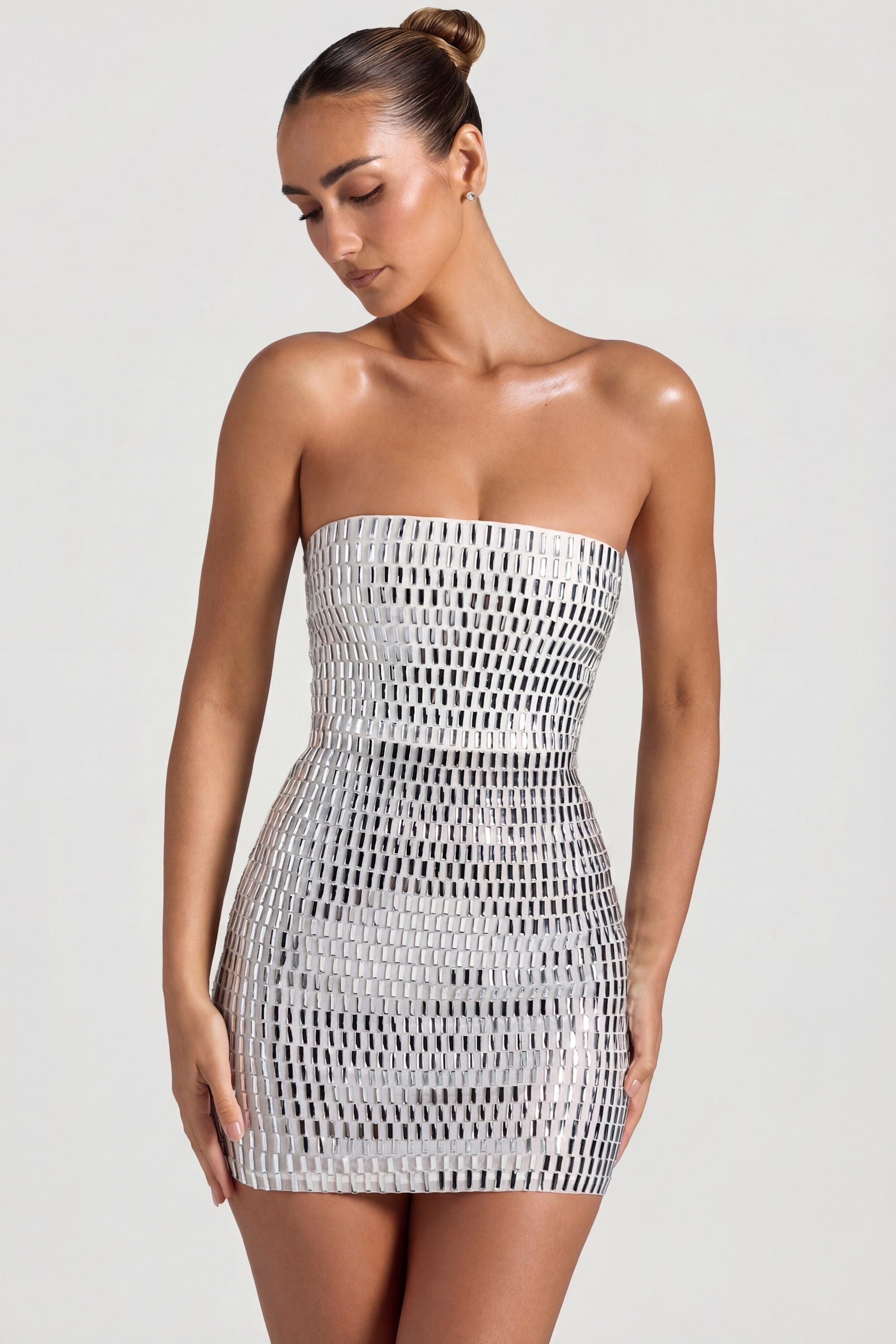 Aurora Embellished Bandeau Mini Dress in White | Oh Polly