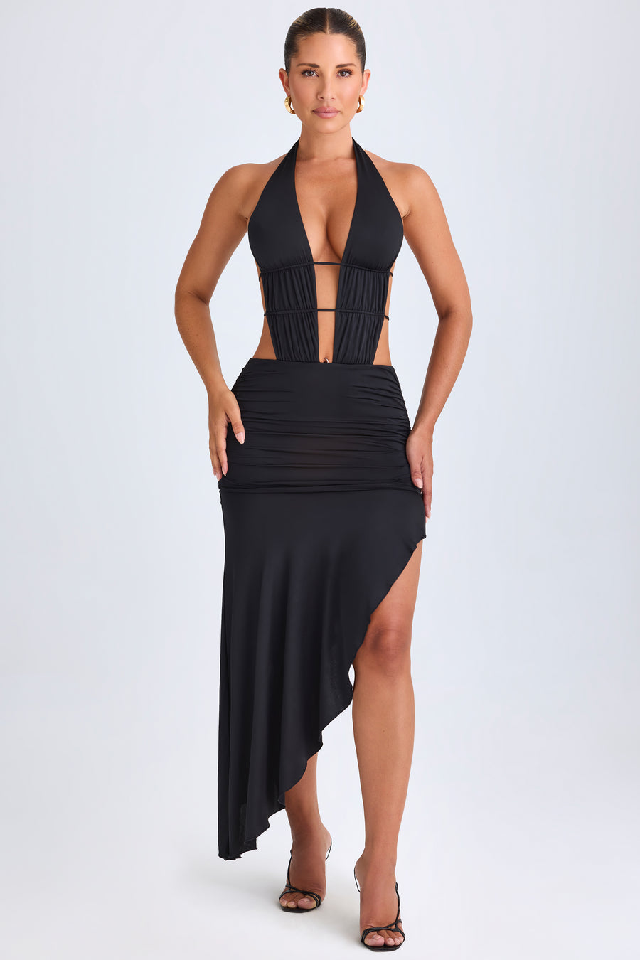 Manami Asymmetric Cut-Out Halterneck Midaxi Dress in Black | Oh Polly