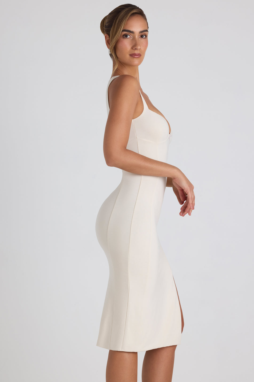 Nakia Modal Bow-Detail Sweetheart-Neck Midi Dress in Ivory | Oh Polly