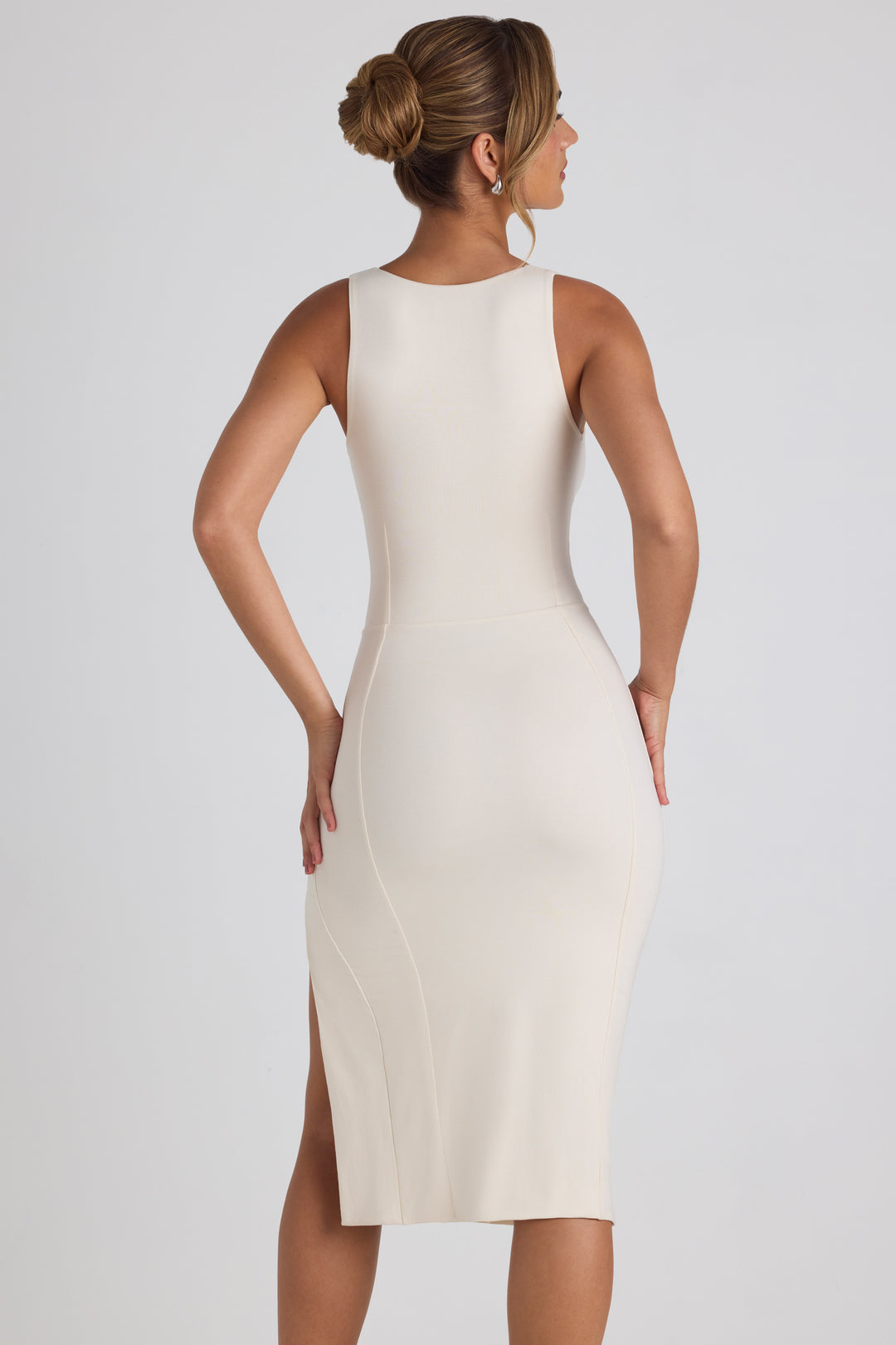 Nakia Modal Bow-Detail Sweetheart-Neck Midi Dress in Ivory | Oh Polly