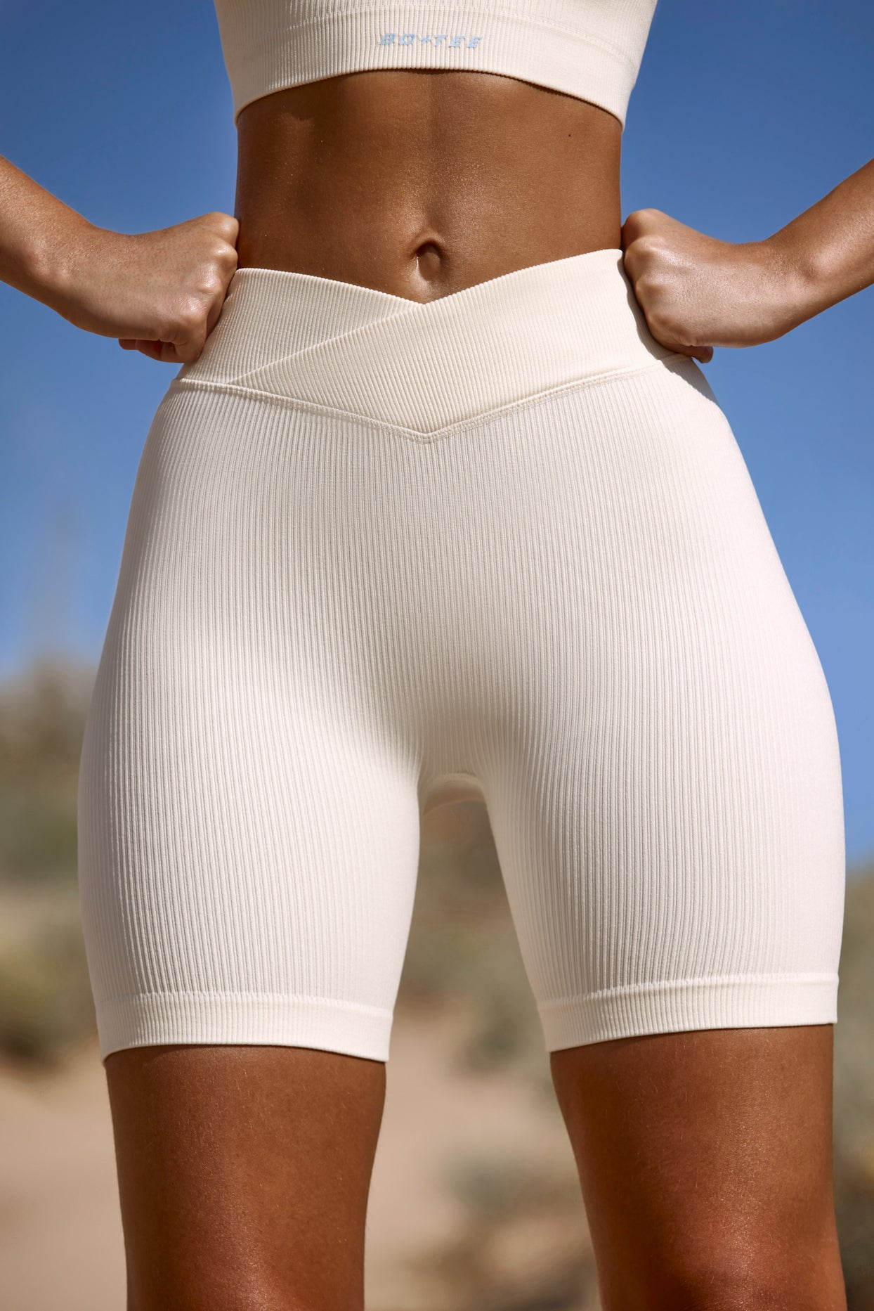 Incentive High Waist FlexiRib Biker Shorts in Bone | Oh Polly