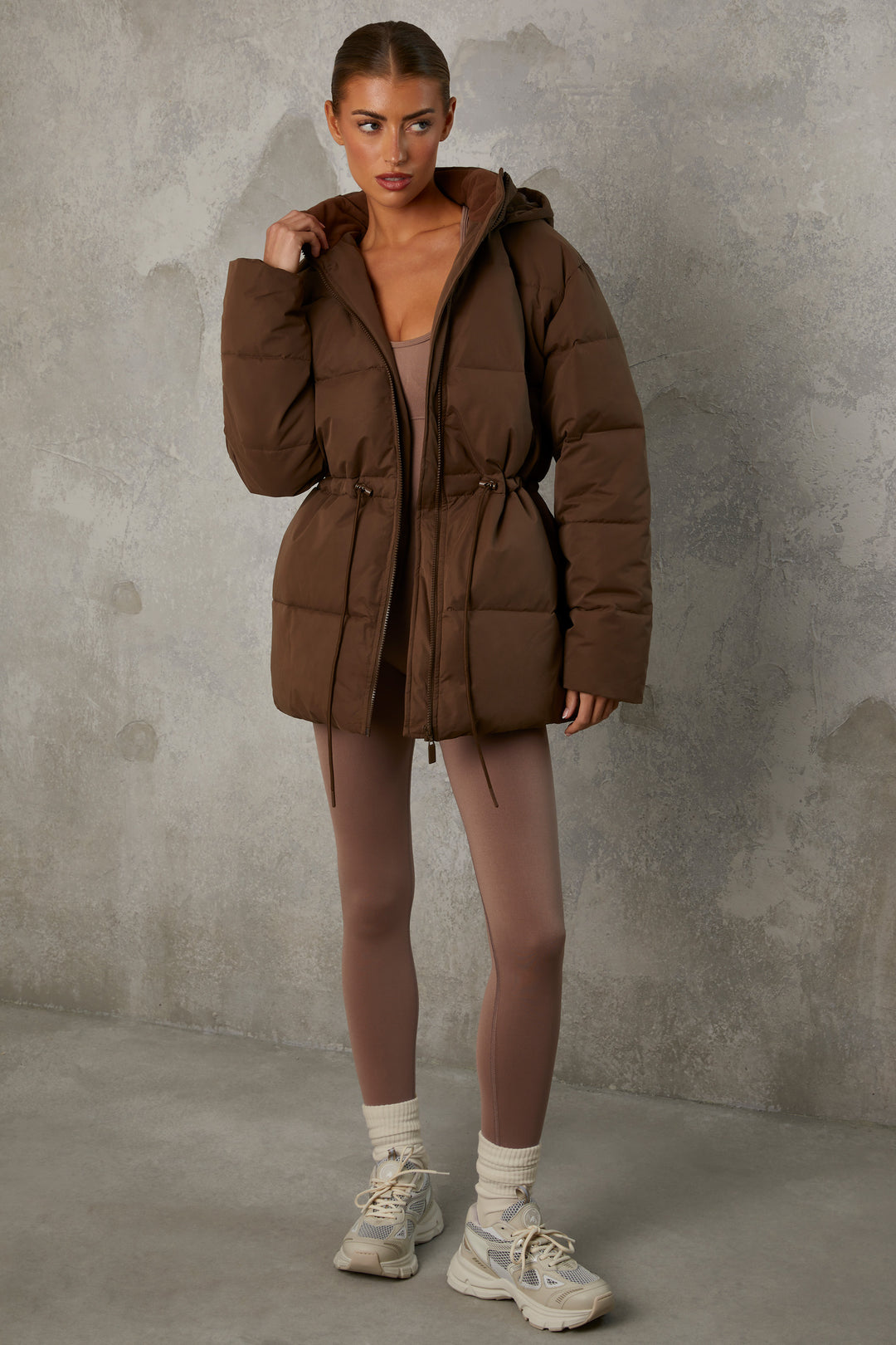 Snug Mid Length Hooded Puffer Coat in Cocoa Brown | Oh Polly