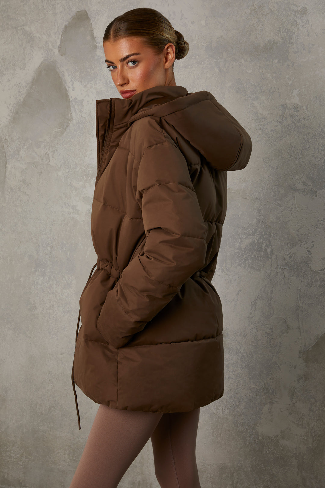 Snug Mid Length Hooded Puffer Coat in Cocoa Brown | Oh Polly