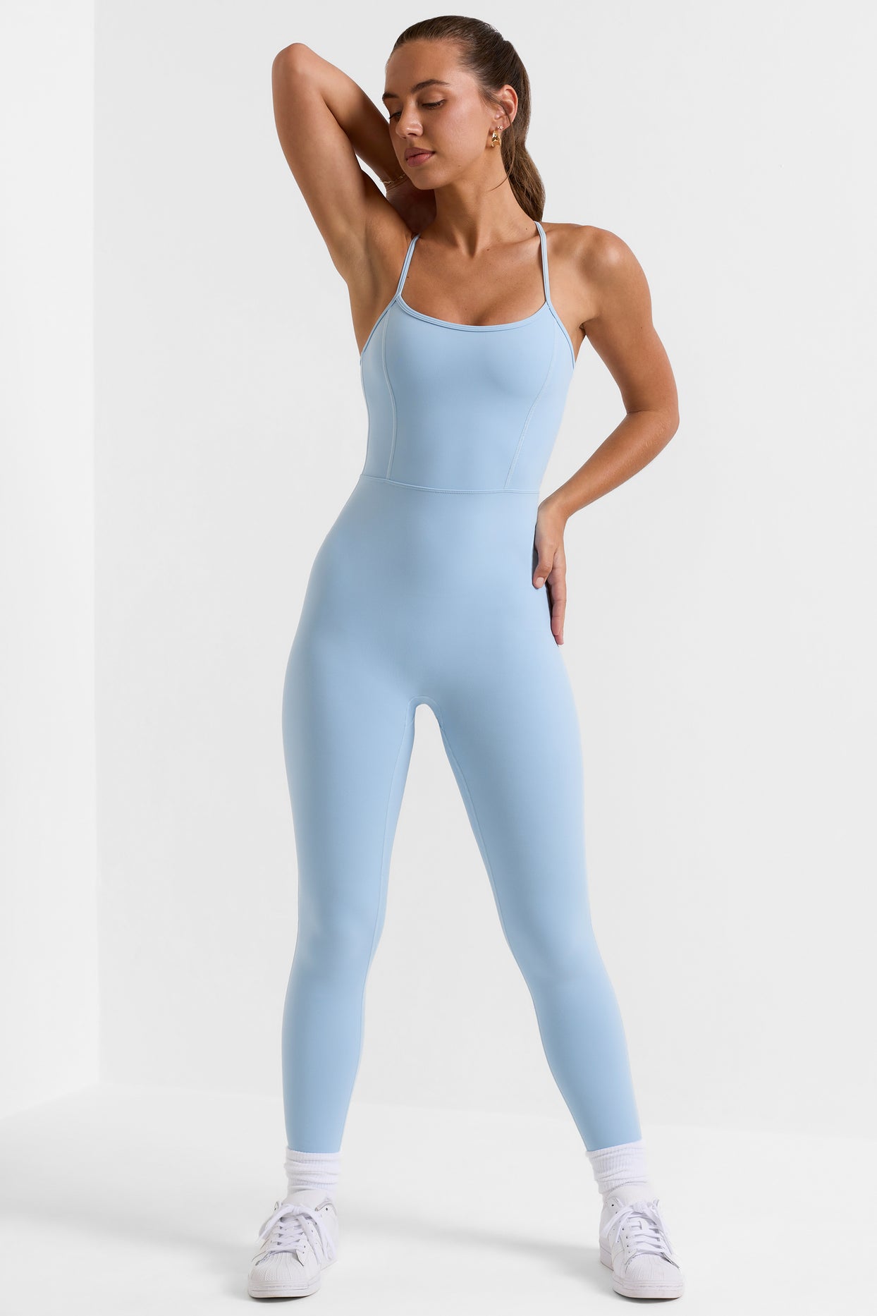 Ace Petite Open Back Full Length Unitard in Ice Blue | Oh Polly