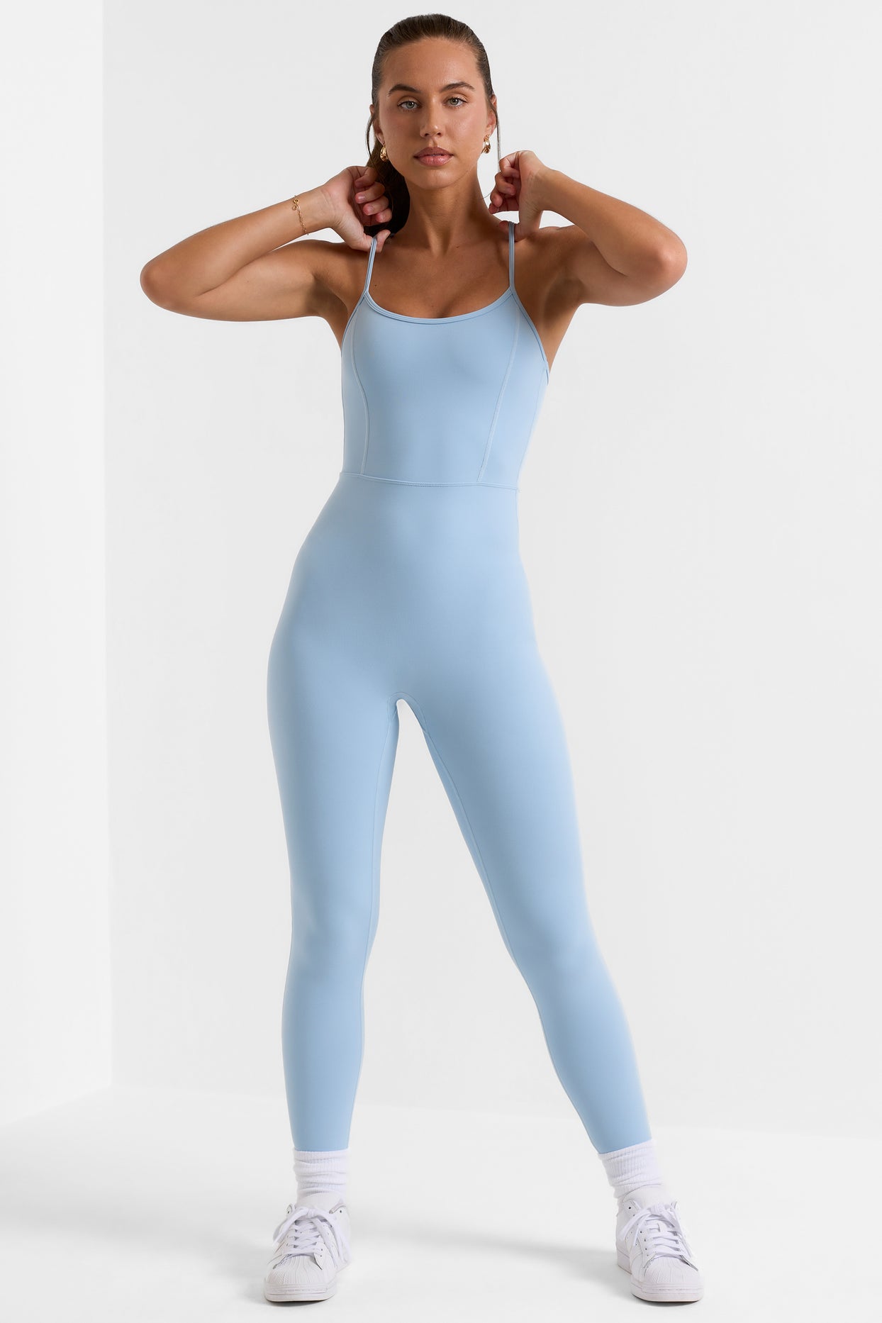 Ace Petite Open Back Full Length Unitard in Ice Blue | Oh Polly