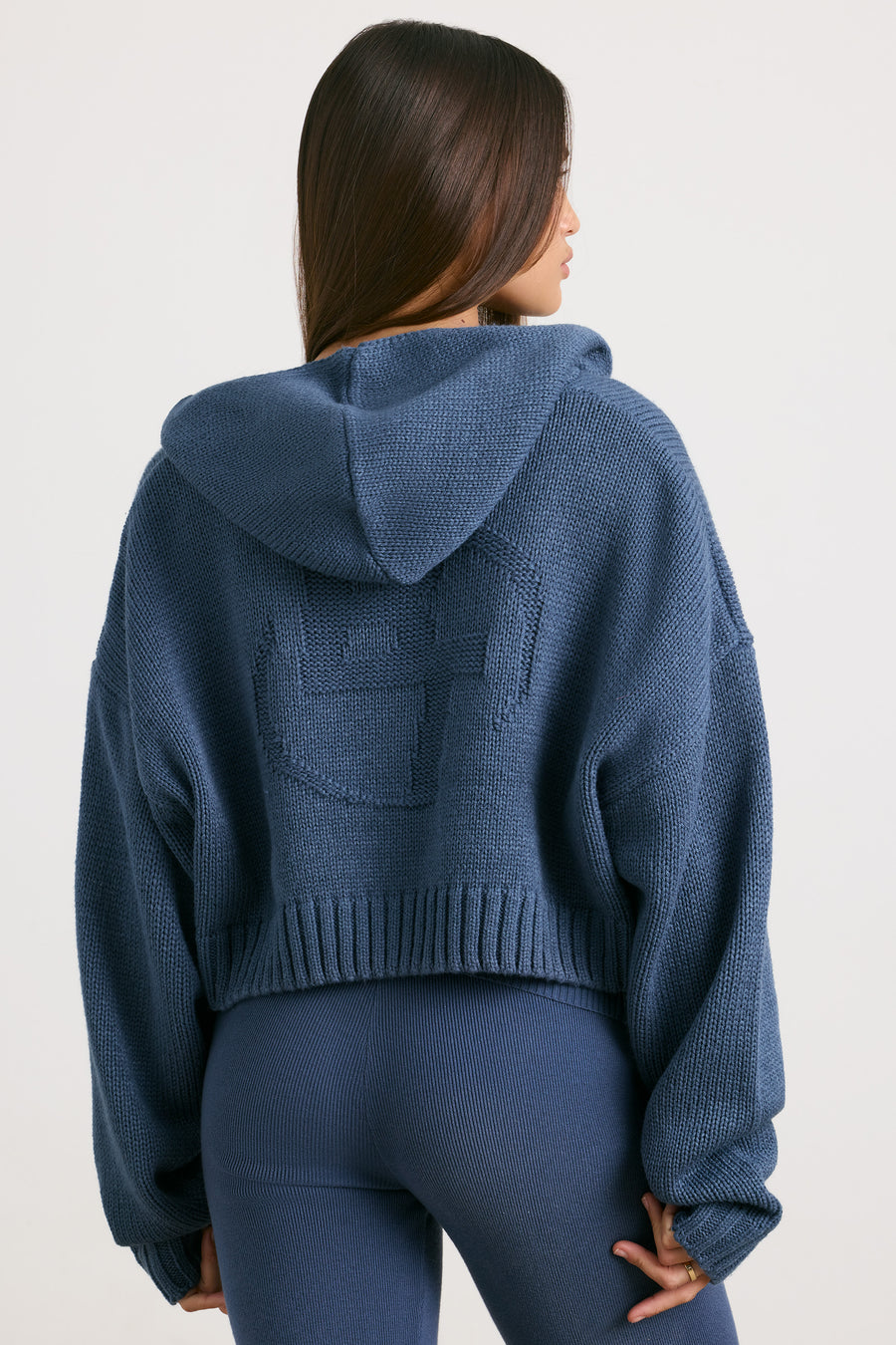 True Cropped Zip Up Chunky Knit Hoodie in Washed Navy | Oh Polly
